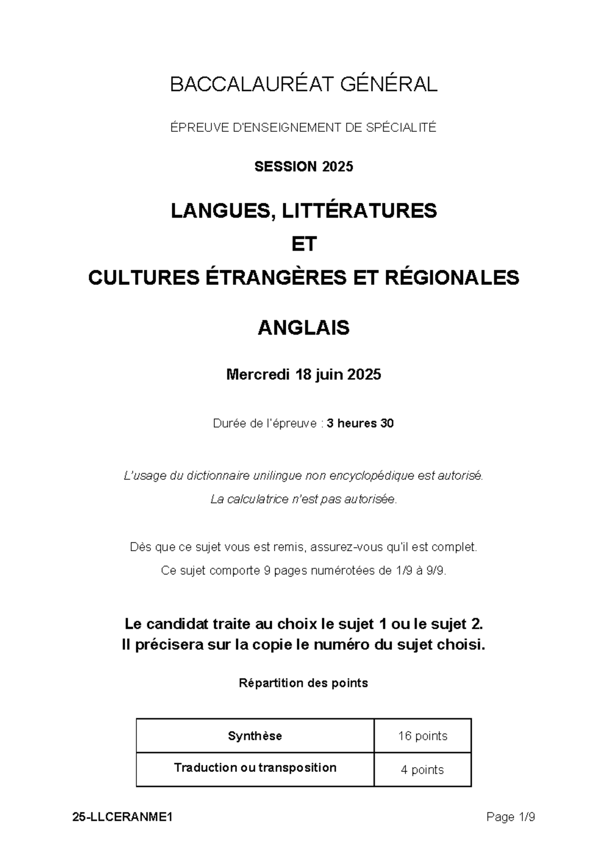 BACCALAURÉAT GÉNÉRAL ÉPREUVE DE SPÉCIALITÉ ANGLAIS 2025 - Studocu