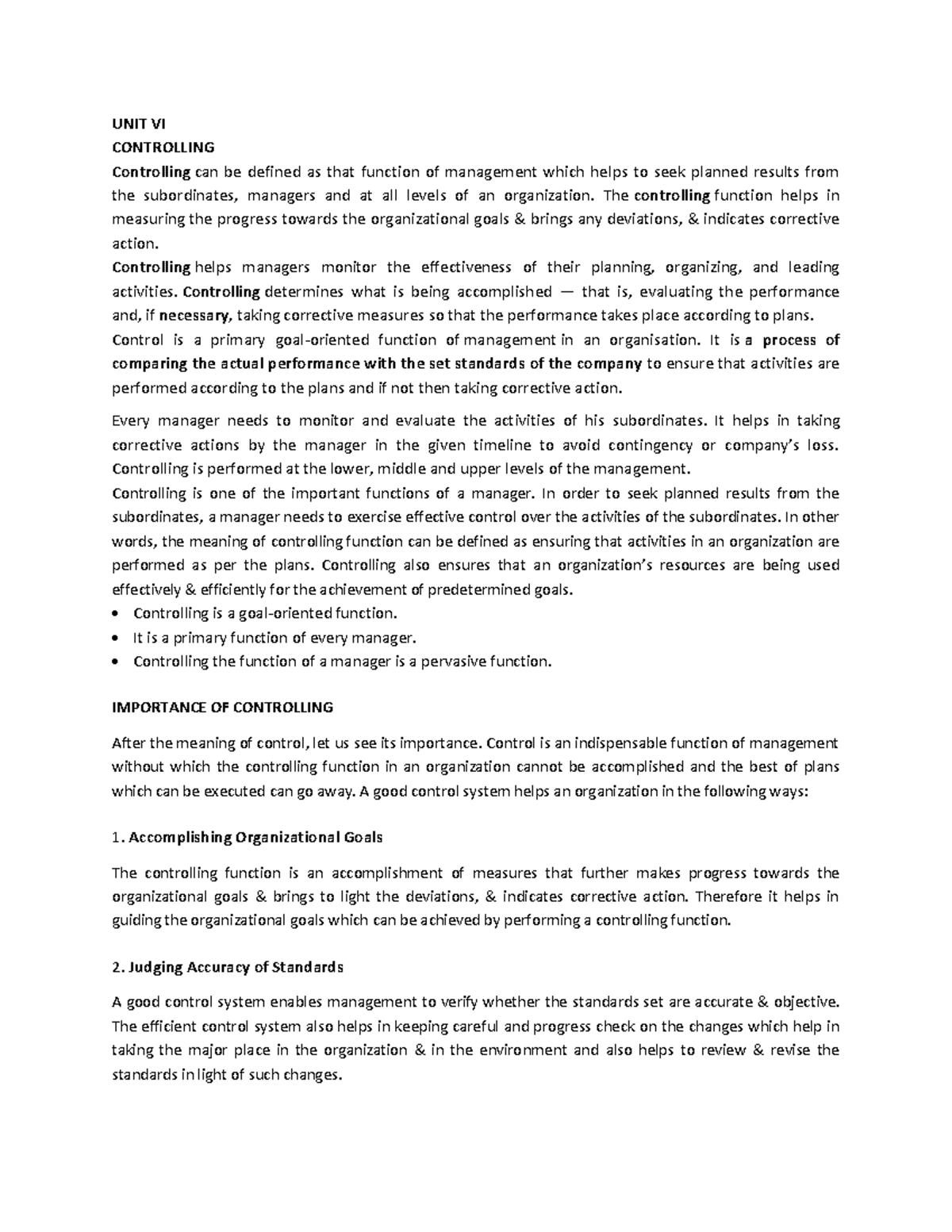 Unit VI Controlling: Importance, Features, and Techniques in Management ...