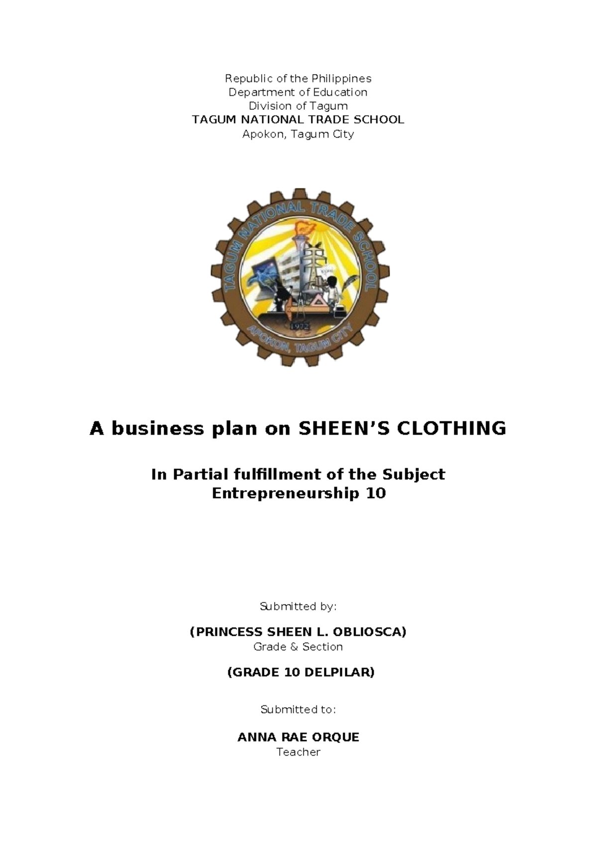 Business Plan Sample format Entrep 9 - Republic of the Philippines ...