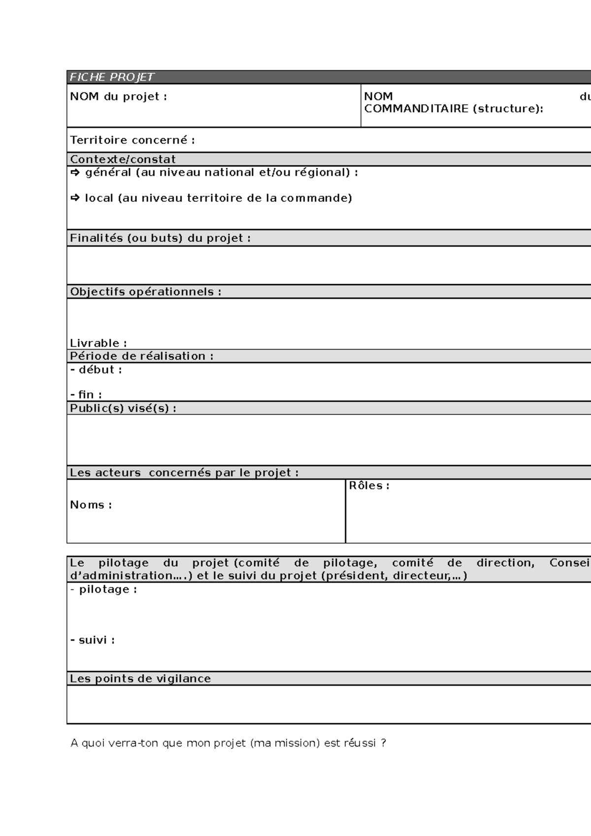 FICHE PROJET VIERGE - Modèle de base pour la gestion de projet - Studocu