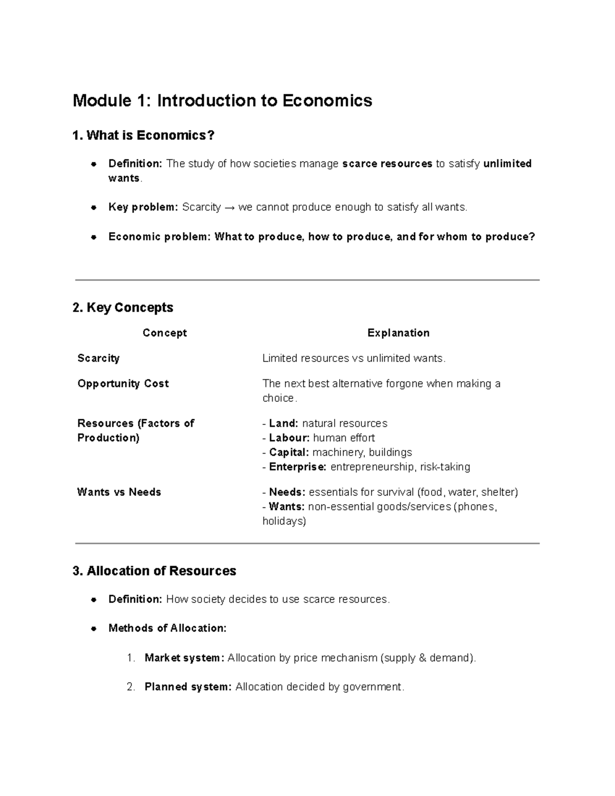Module 1: Intro to Economics - Key Concepts & Economic Systems - Studocu