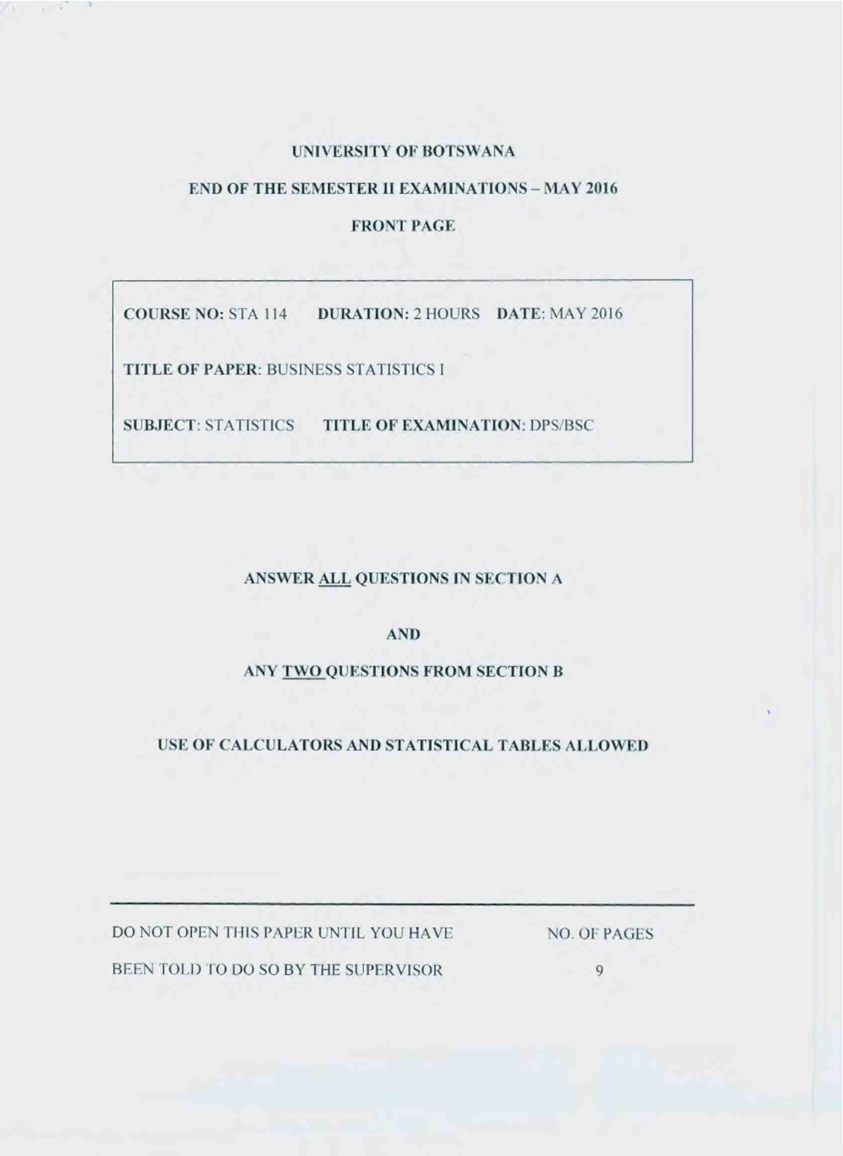 STA 114: Business Statistics I End of Semester II Final Exam May 2016 ...