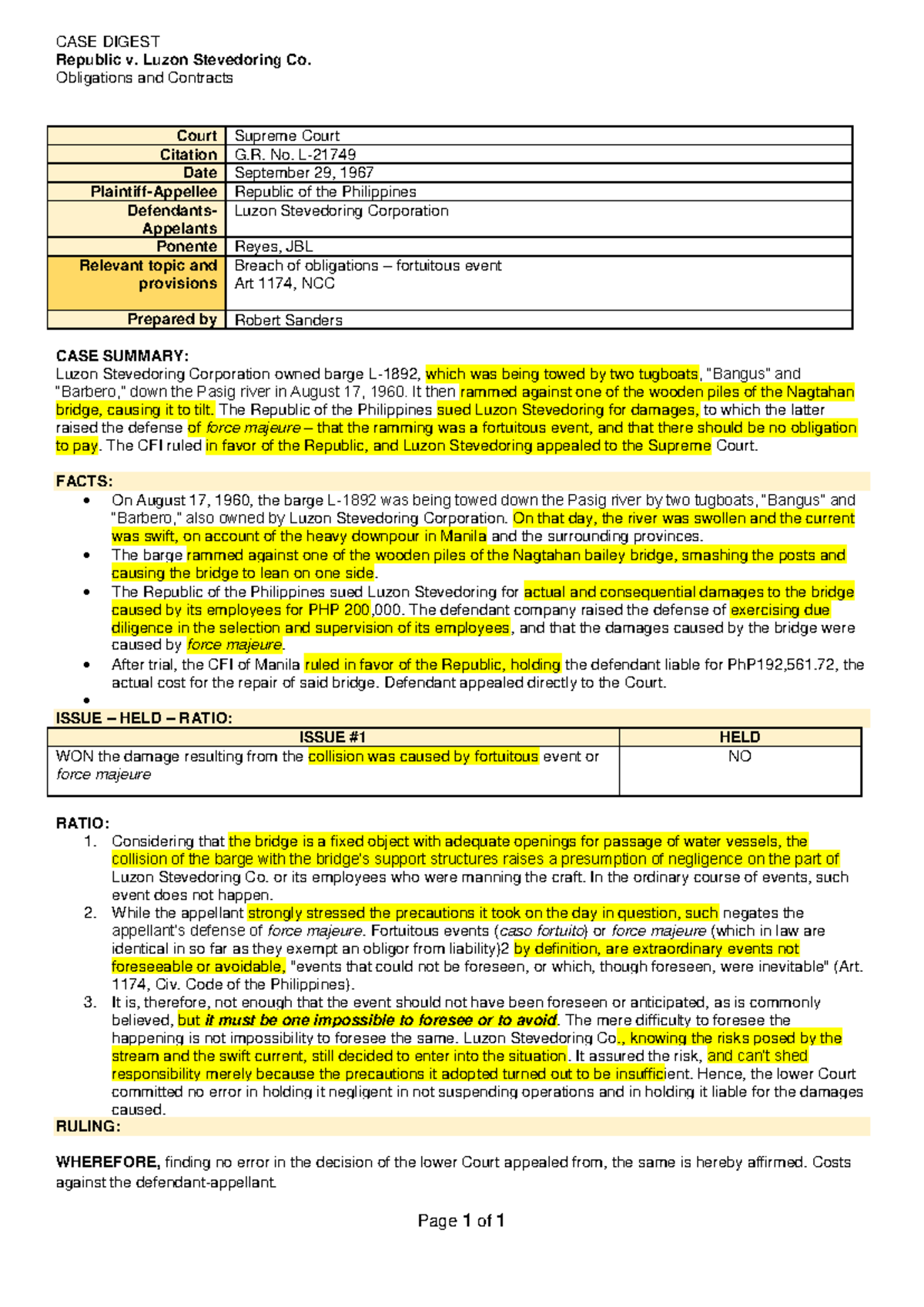 Republic v. Luzon Stevedoring: Case Summary and Analysis of Liability ...