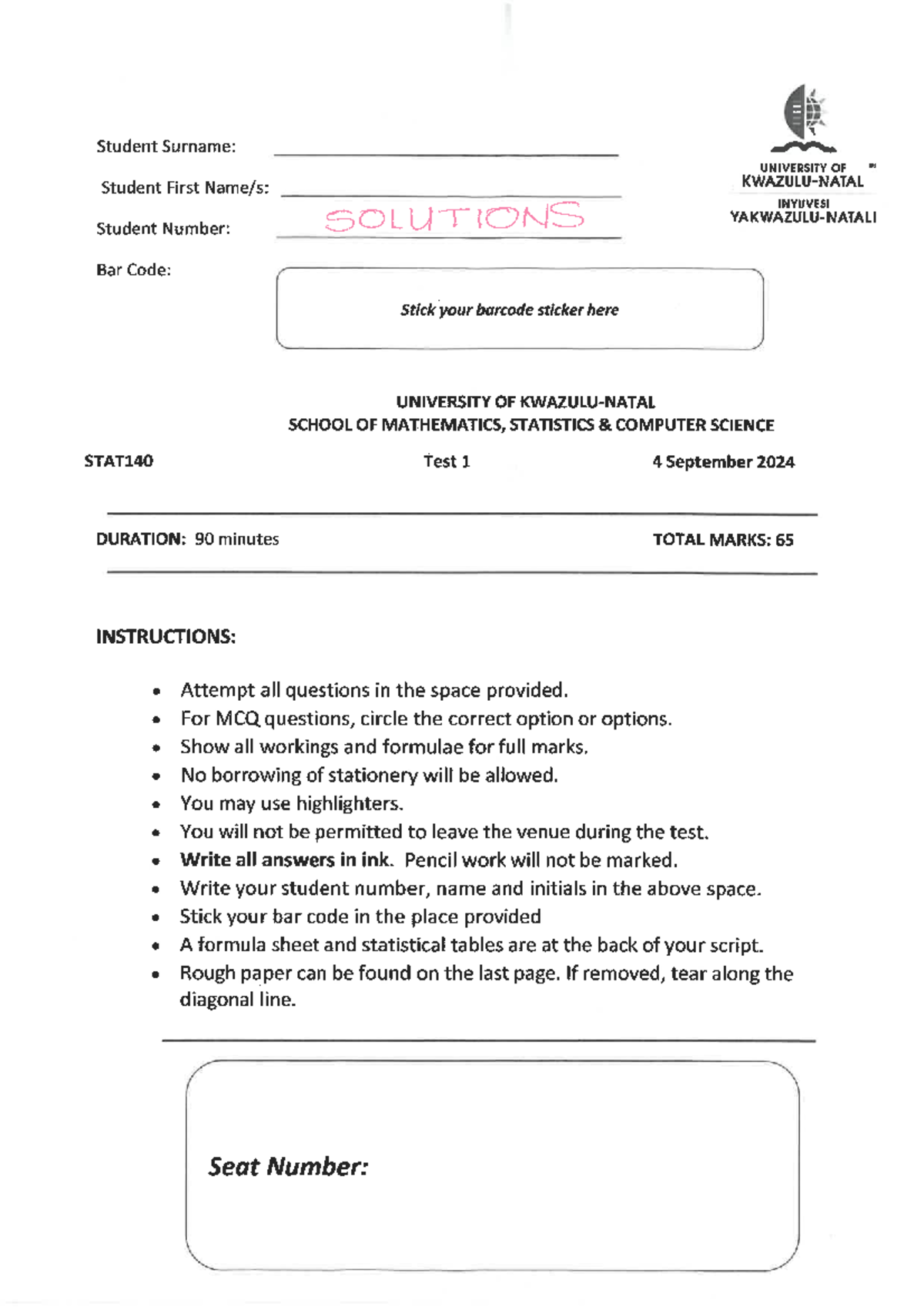 STAT140 Test 1 Solutions and Guidelines (September 2024) - Studocu