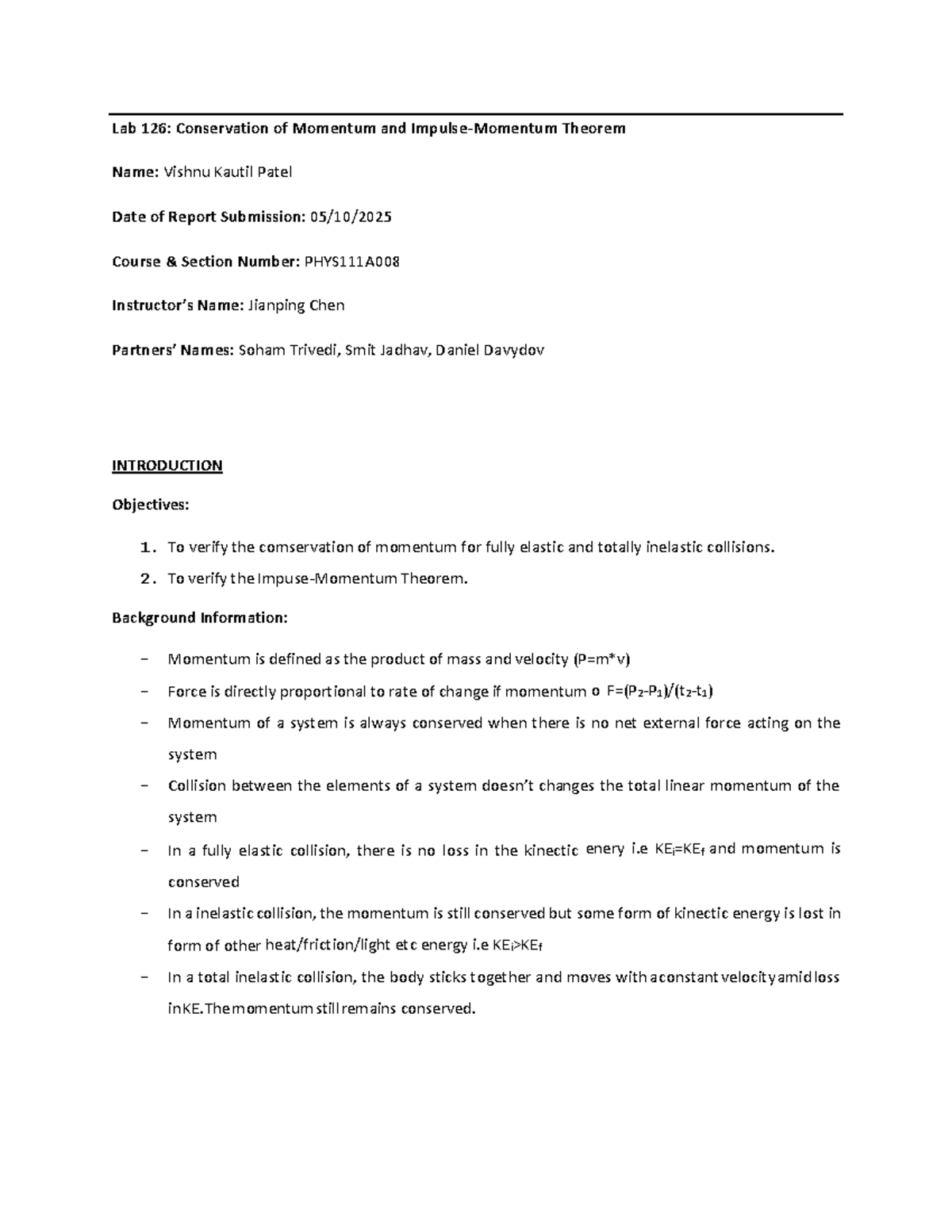 PHY1 LAB Lab 126- Conservation of Momentum and Impulse-Momentum Theorem ...