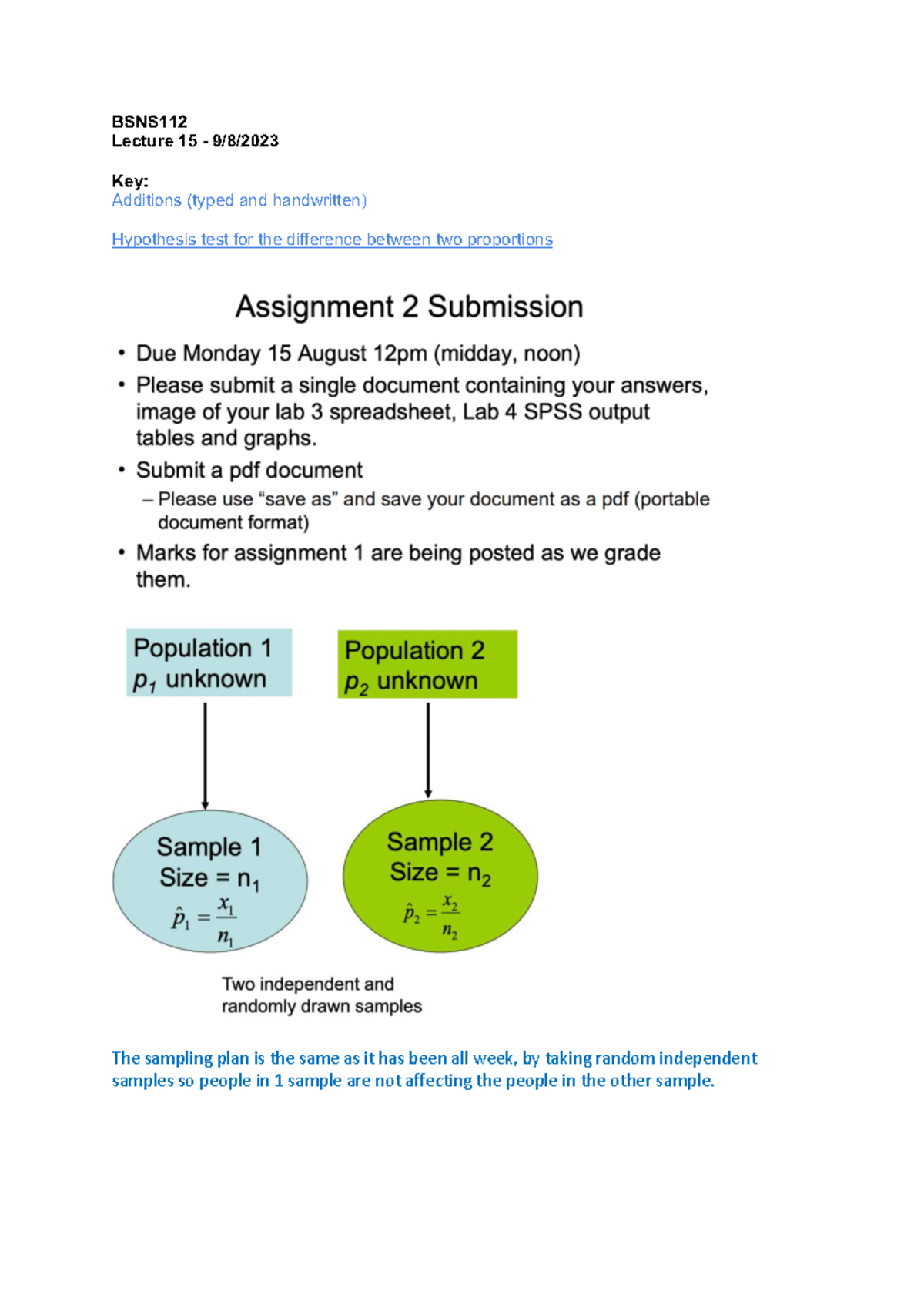 BSNS112 Lecture 15 Notes: Hypothesis Testing for Proportions - Studocu