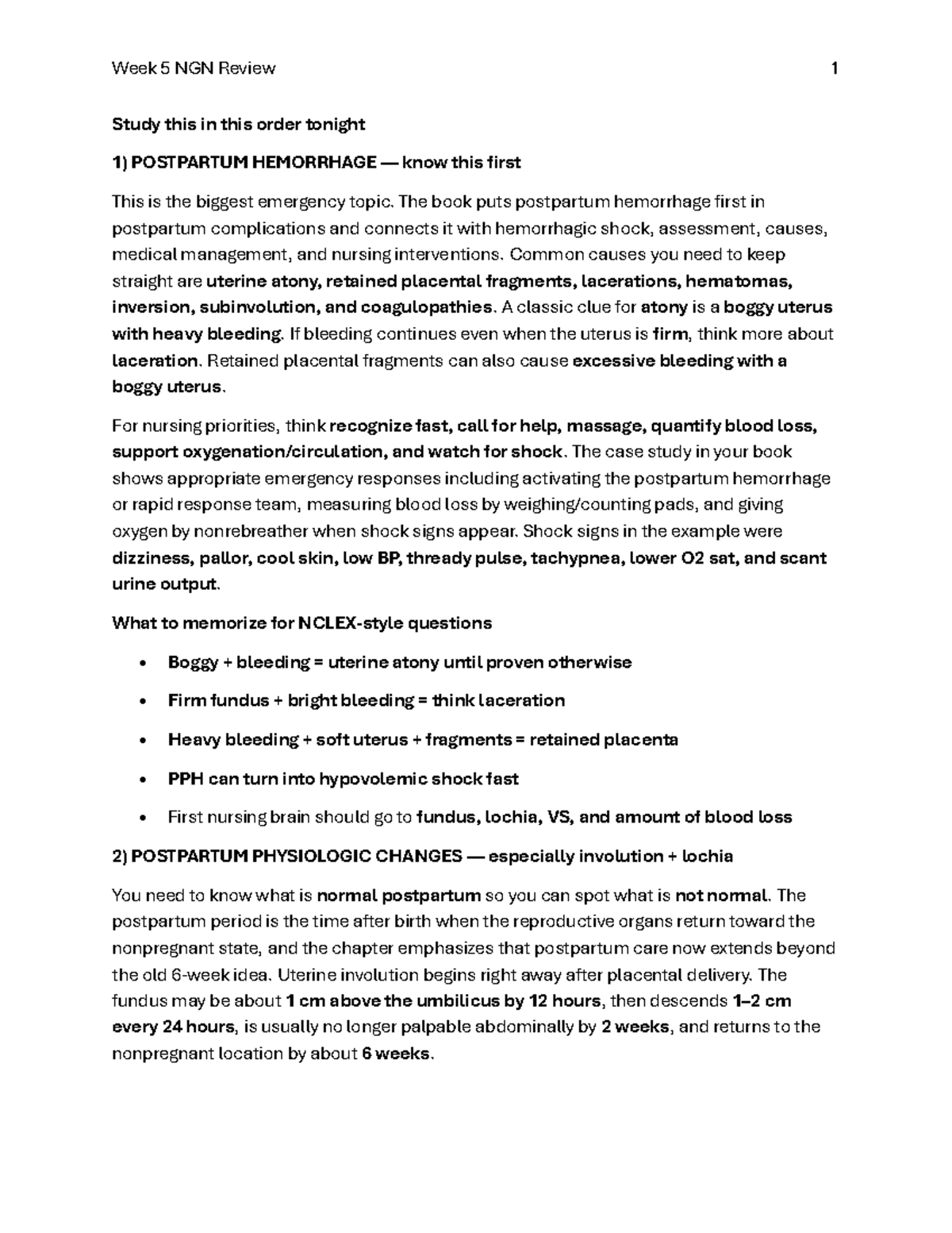 WEEK 5 NGN Review - Postpartum Hemorrhage & Nursing Care Notes - Studocu