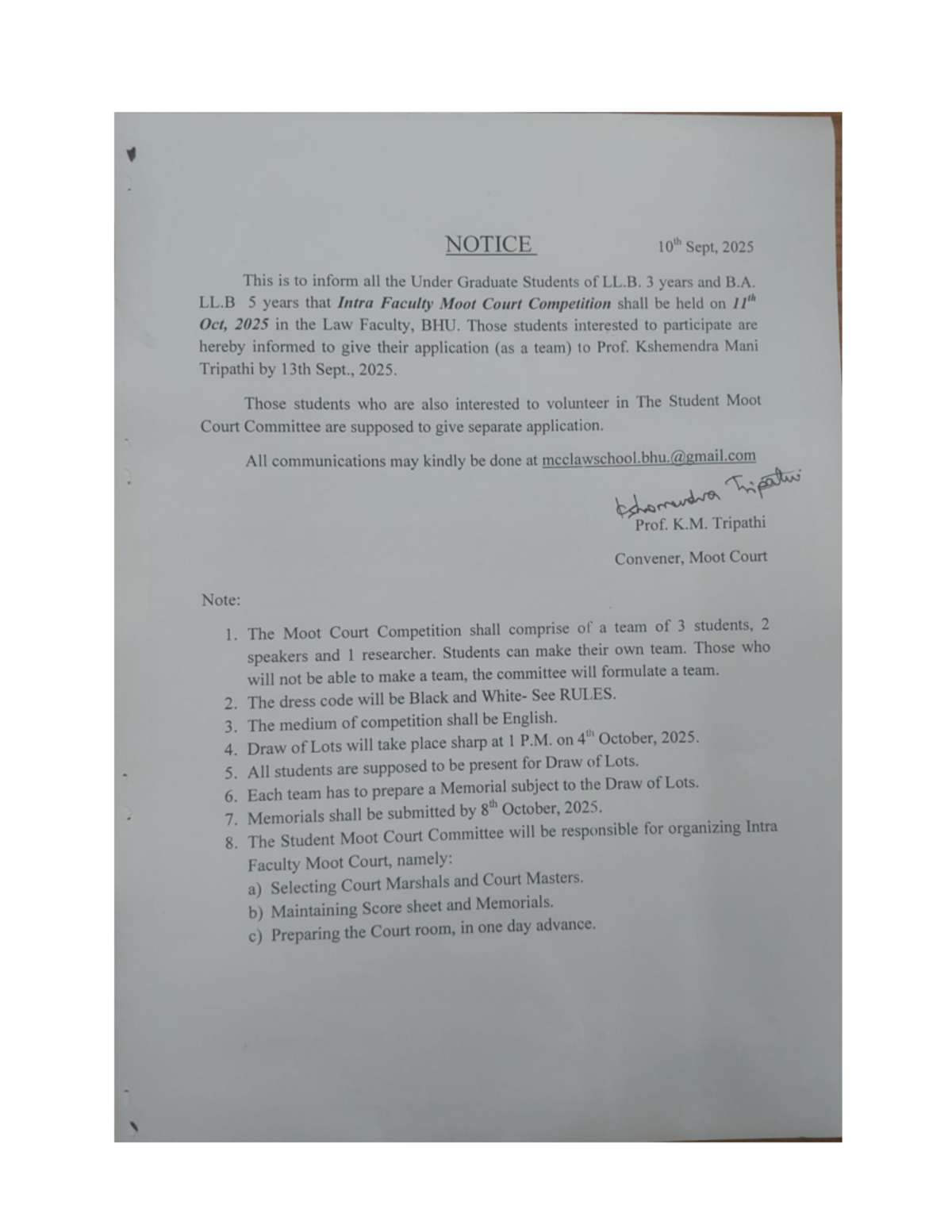 Intra Faculty Moot Court Competition Notice for LL.B. Students - Studocu