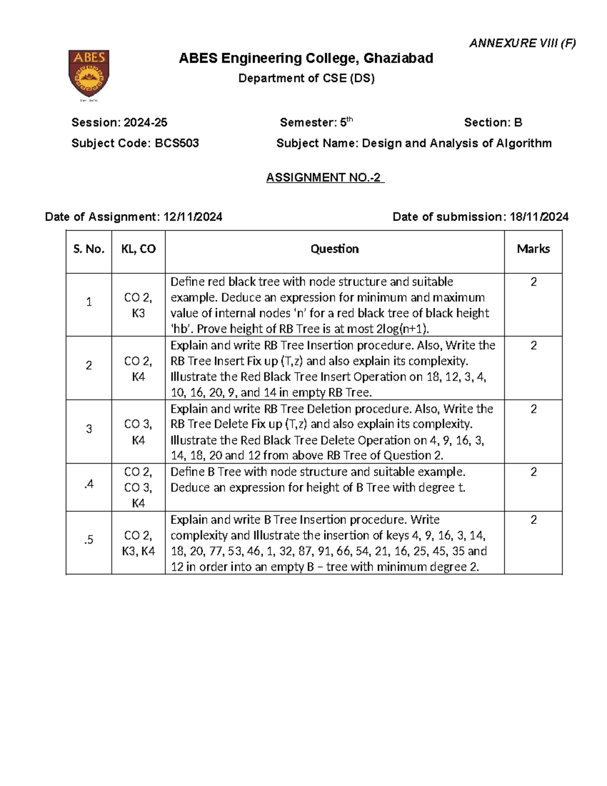 DAA Assignment 2 - BCS503 Design and Analysis of Algorithms - Studocu