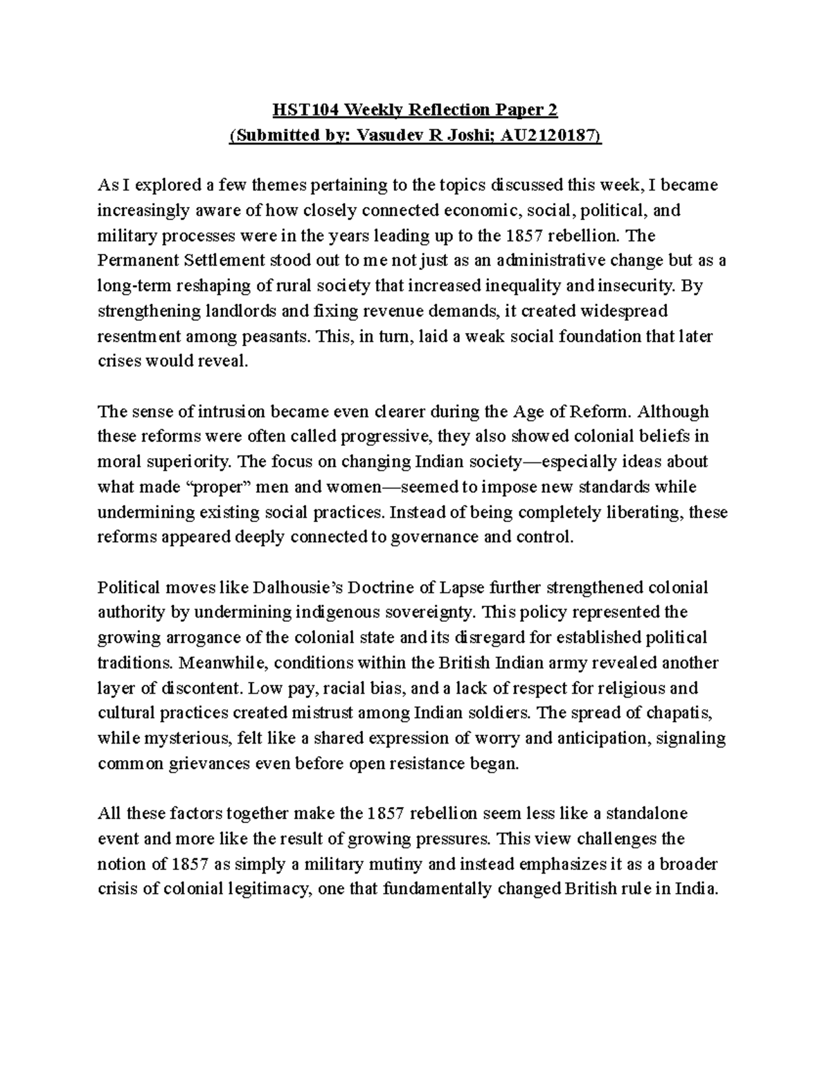 HST104 Reflection Paper 2: Themes of Colonial Legitimacy Pre-1857 - Studocu