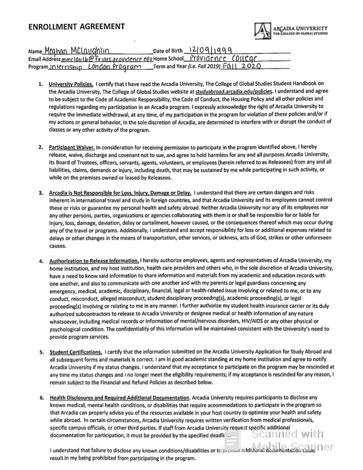 Enroll 1 - Lecture notes 1,4 - ENROLLMENT AGREEMENT A ARCADIA ...