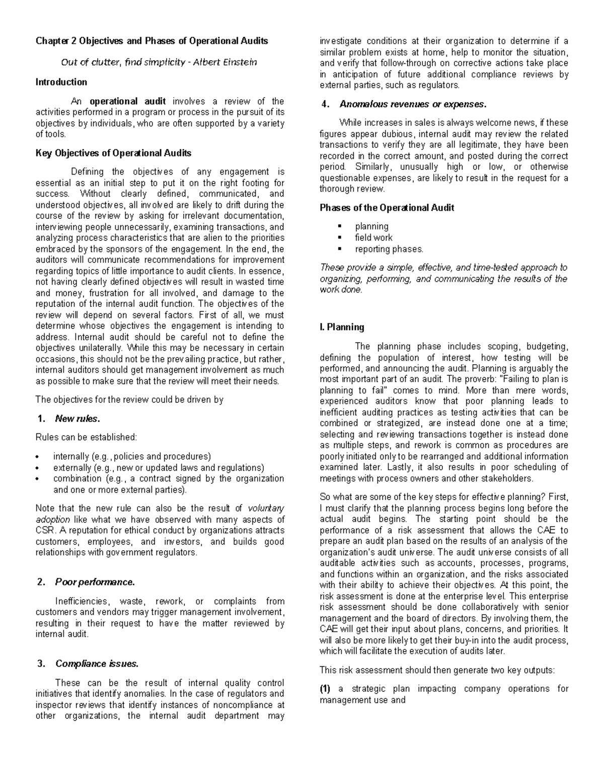 Chapter 2: Key Objectives & Phases of Operational Audits (Course Code ...