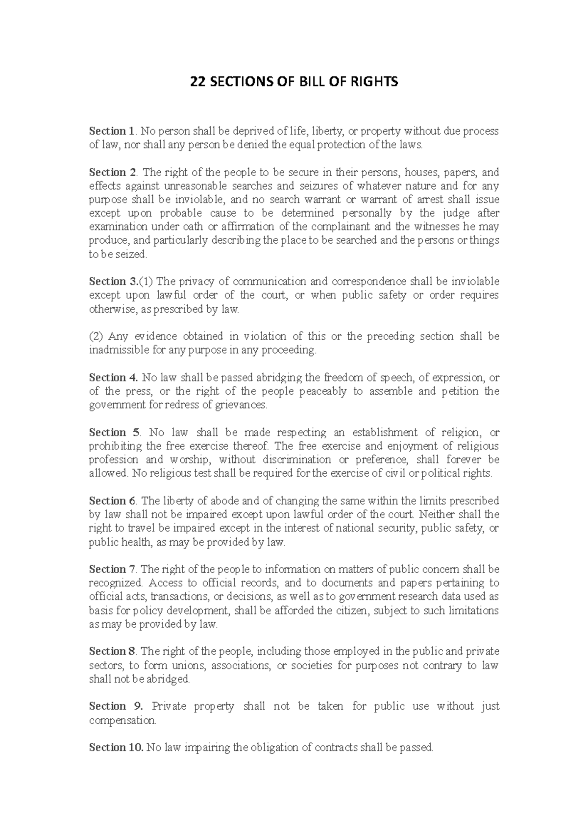 Activity#1 22 sections of bill of rights - 22 SECTIONS OF BILL OF ...