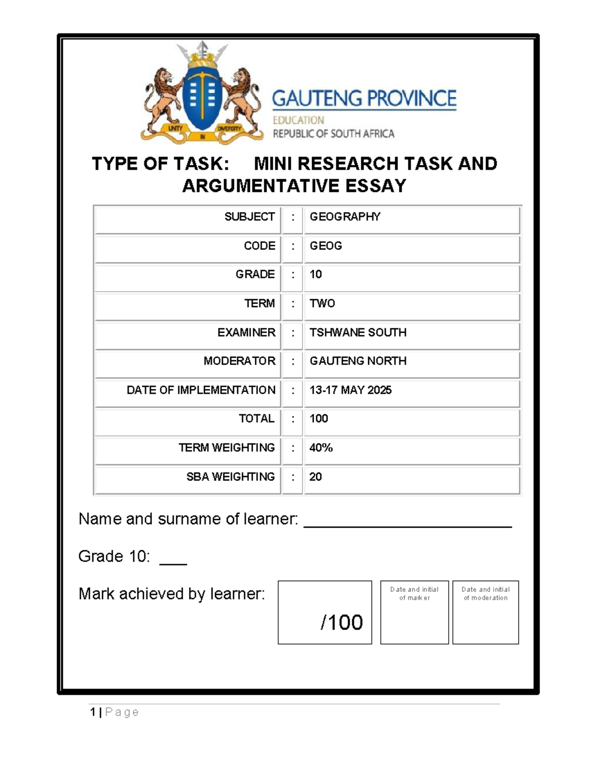 Grade 10 Geography Mini Research & Argumentative Essay (GEOG) Term 2 ...
