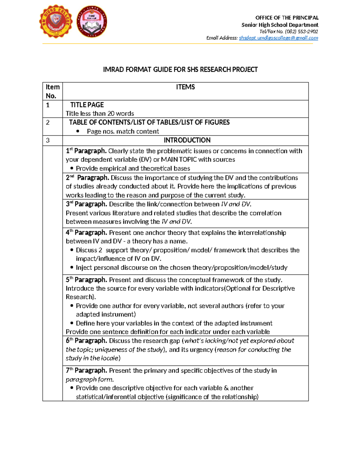 IMRAD Format Guide for SHS Research Project Documentation - Studocu