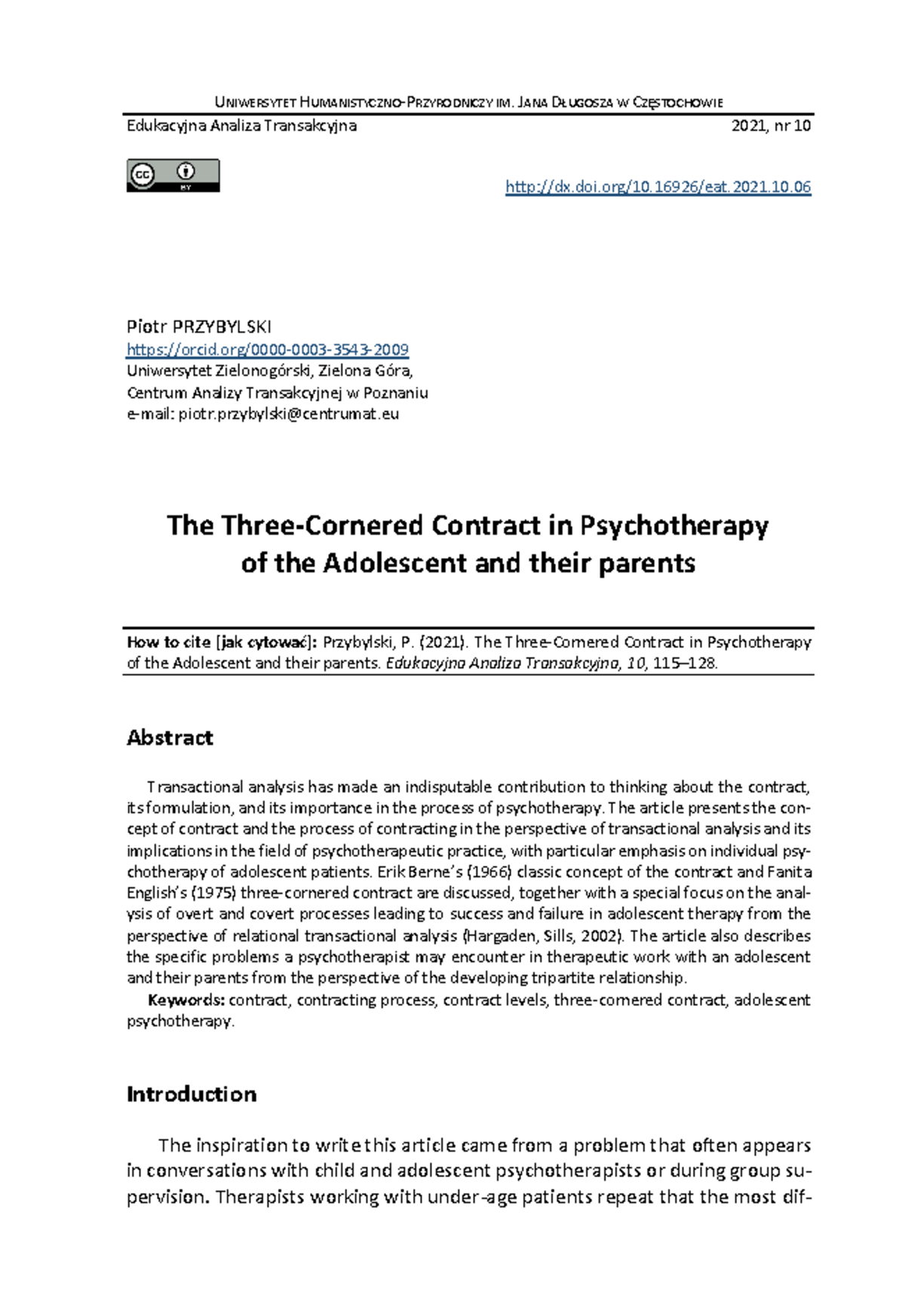 3 cornered contract in psychotherapy - UNIWERSYTET HUMANISTYCZNO ...