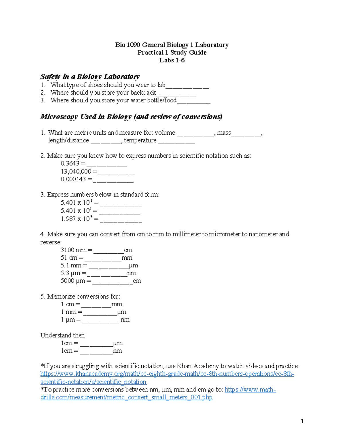 Bio 1090 General Biology I Lab Study Guide: Practical 1 Overview - Studocu
