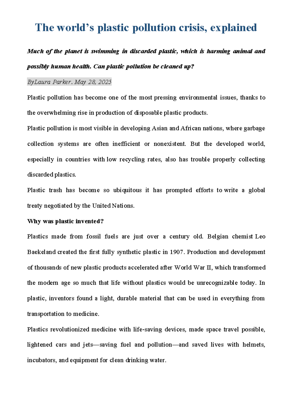 The Global Plastic Pollution Crisis: An In-Depth Analysis - Studocu