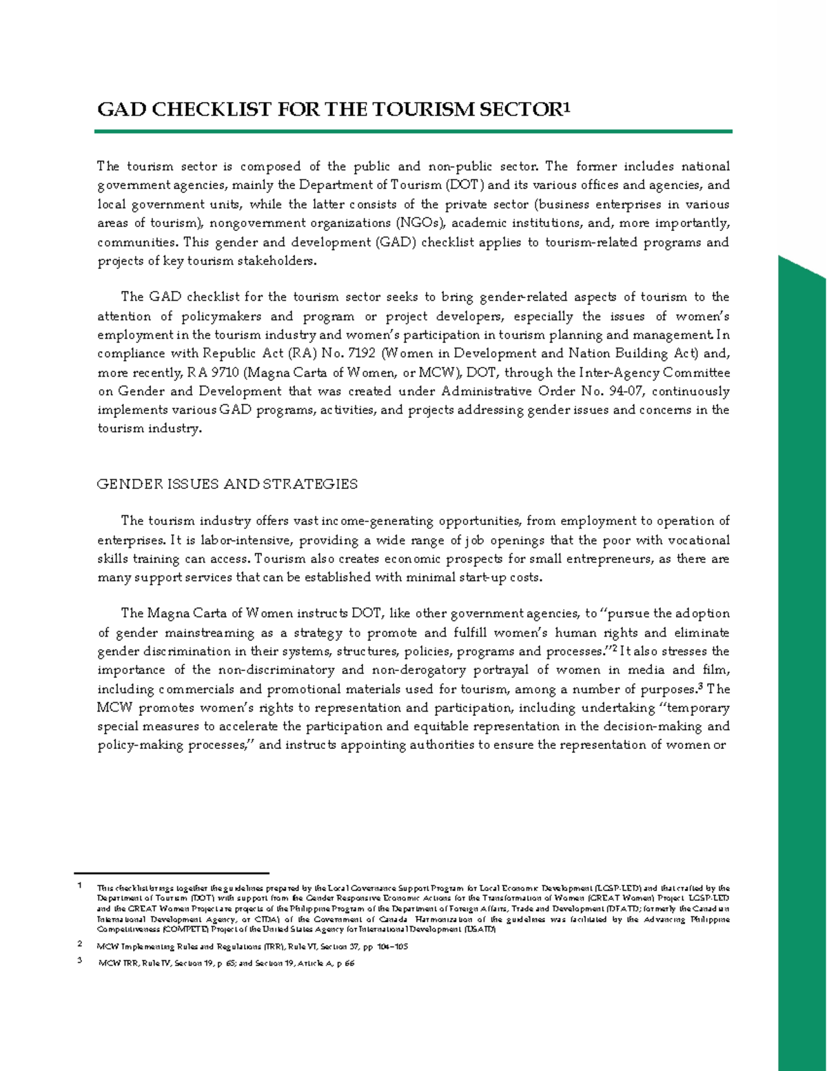 GAD Checklist for Gender Equality in Tourism Sector Programs - Studocu