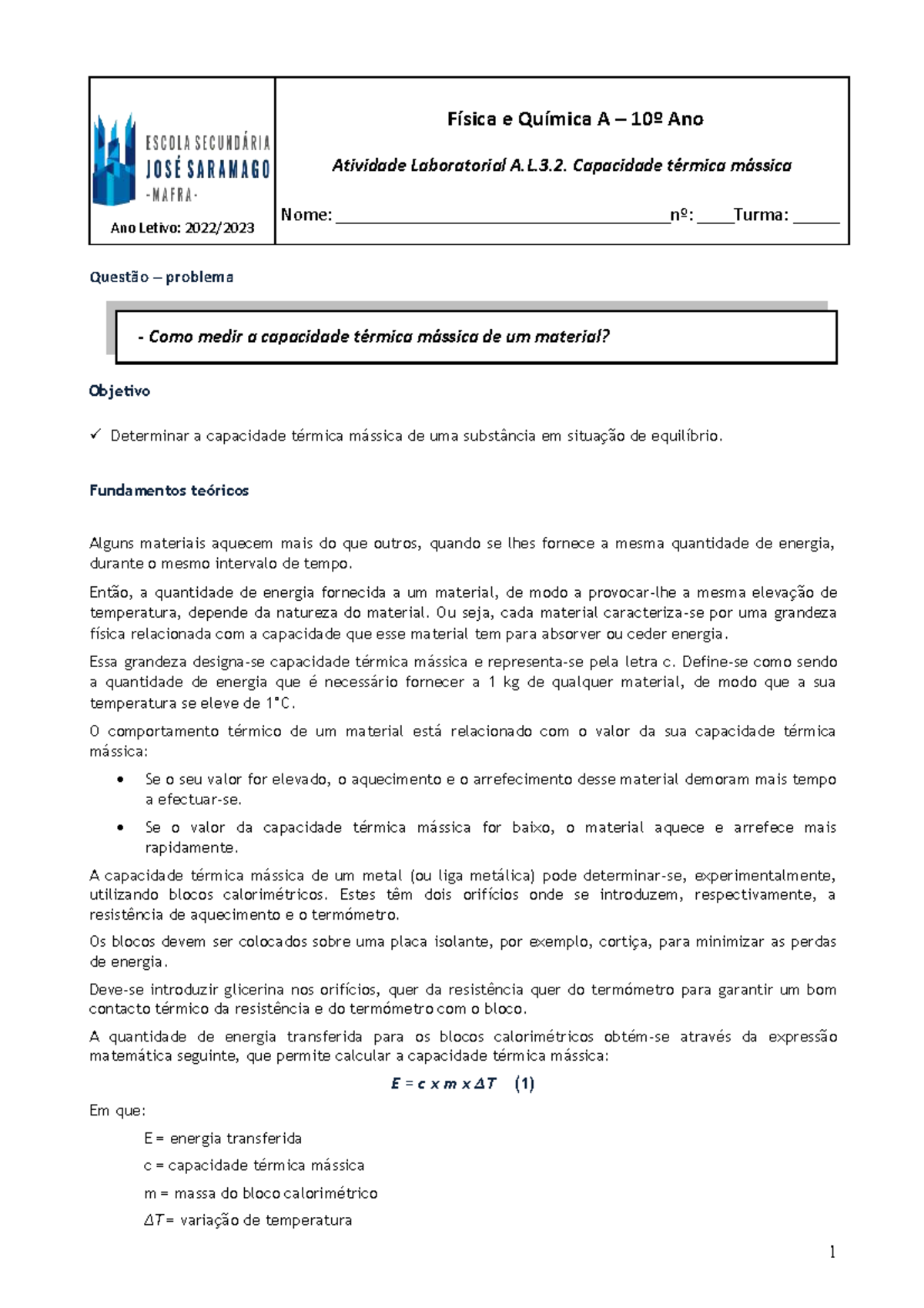 Atividade Laboratorial A.L.3.2: Capacidade Térmica Mássica em Materiais ...