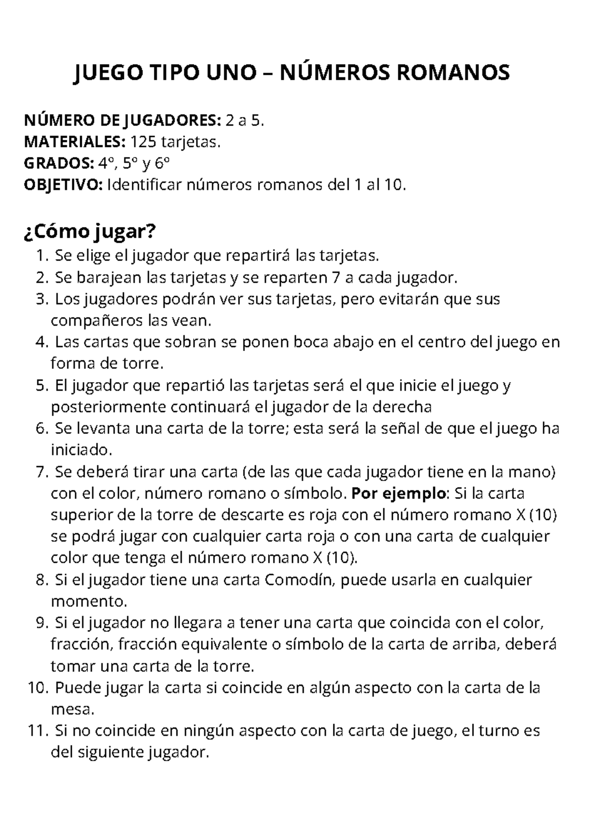 Juego Tipo Uno: Números Romanos para Niños de Primaria - Studocu