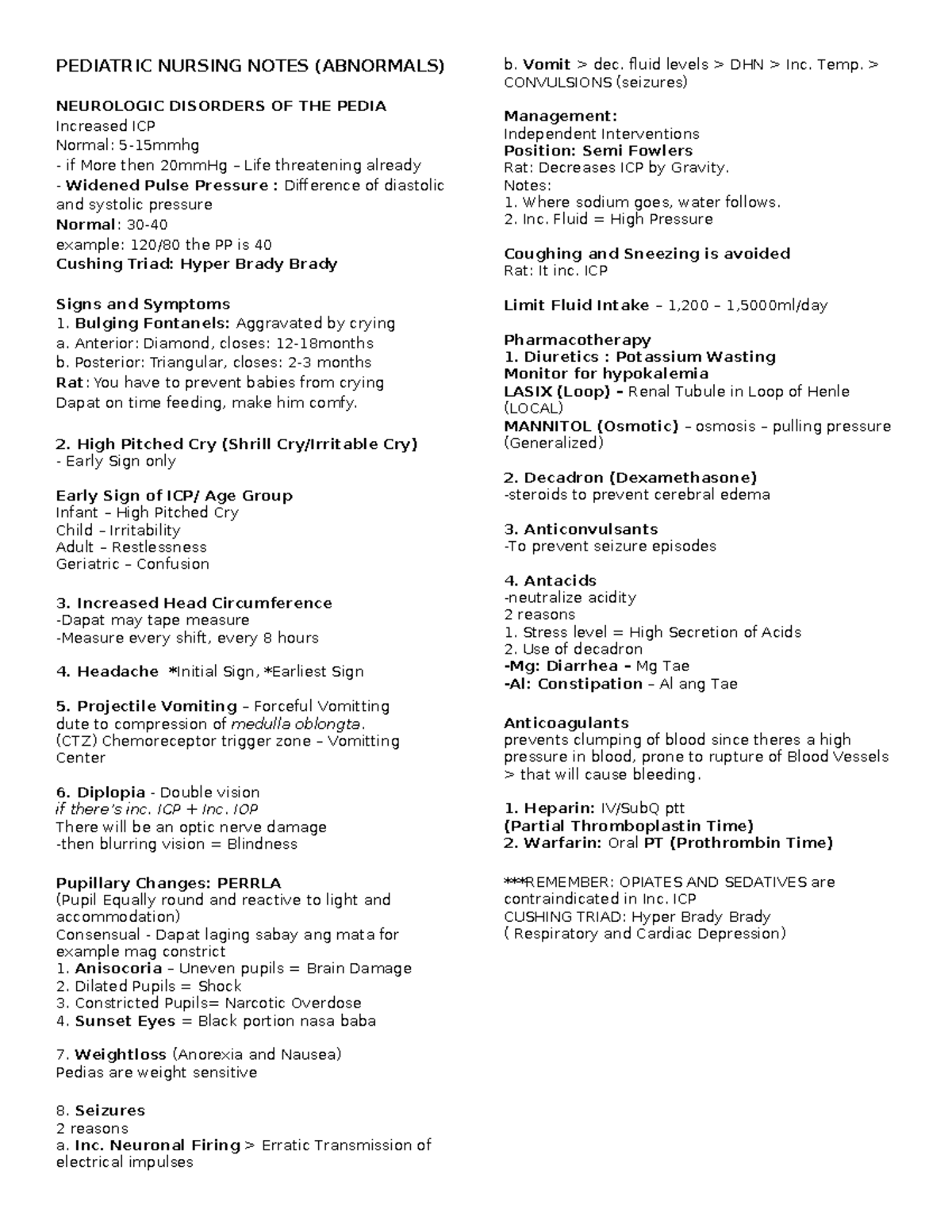 Pediatric Nursing Notes: Neurologic Disorders & Increased ICP ...