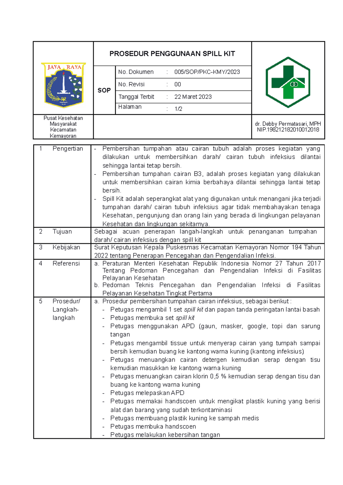 05-SOP Penggunaan Spill Kit 2023 di Puskesmas Kemayoran - Studocu