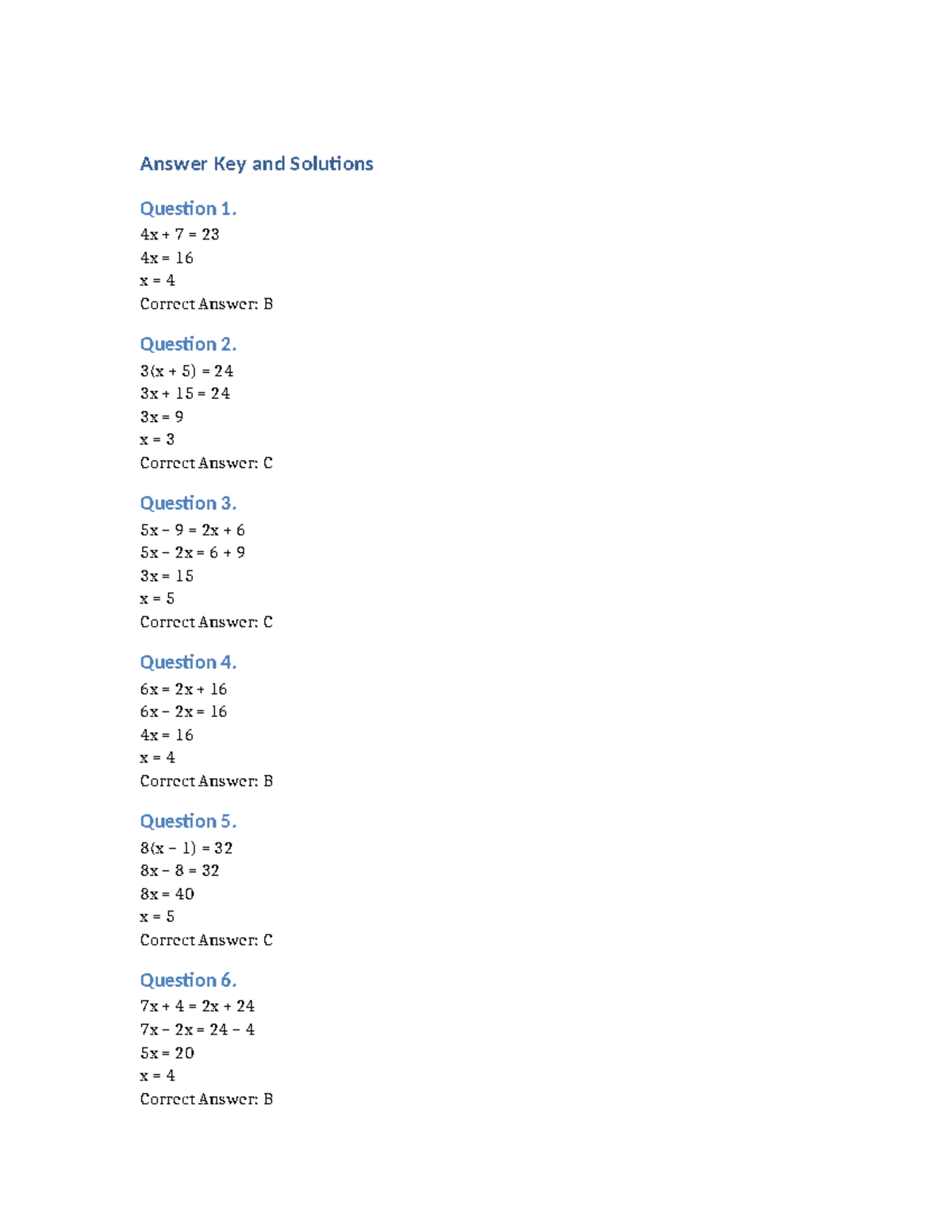 Answer Key and Solutions for Linear Equations & Inequalities - Studocu