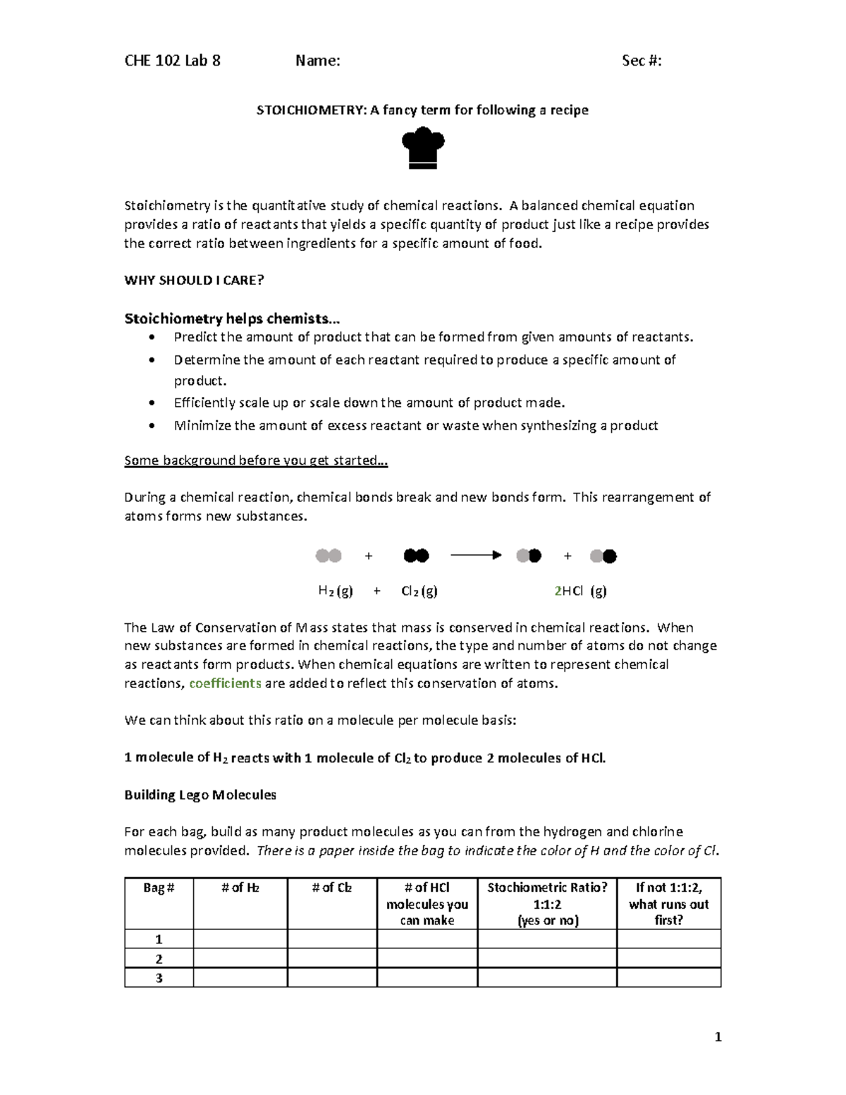 CHE 102 Lab 8 SP26 - Understanding Stoichiometry in Reactions - Studocu