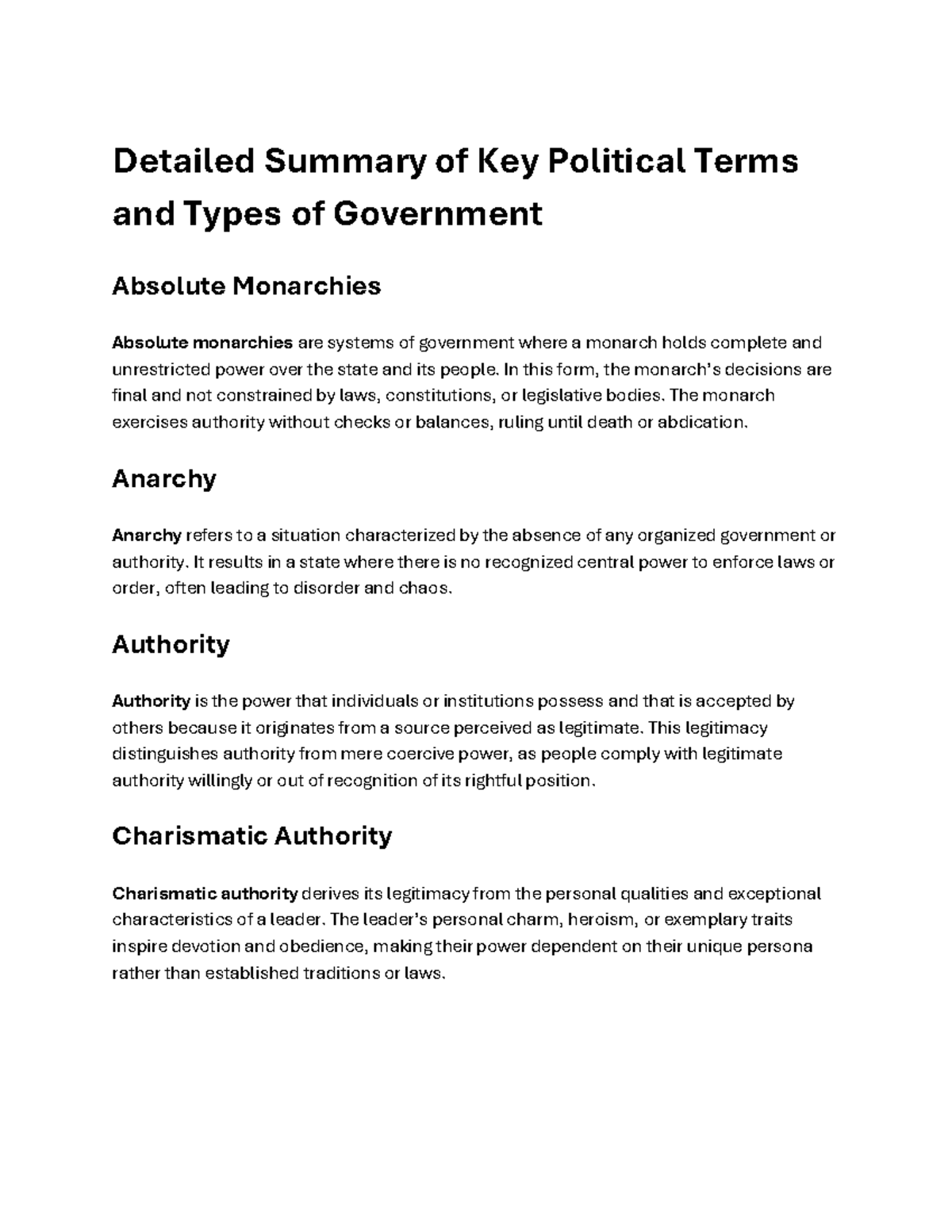 Chapter 17: Summary of Key Political Terms & Government Types - Studocu
