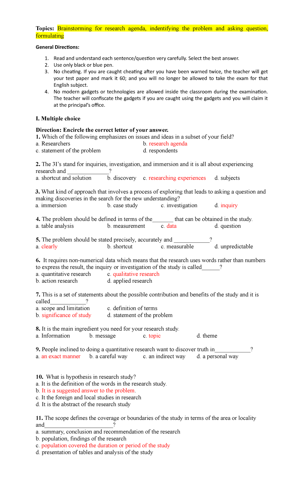 Summative Test in 3Is - Topics: Brainstorming for research agenda ...