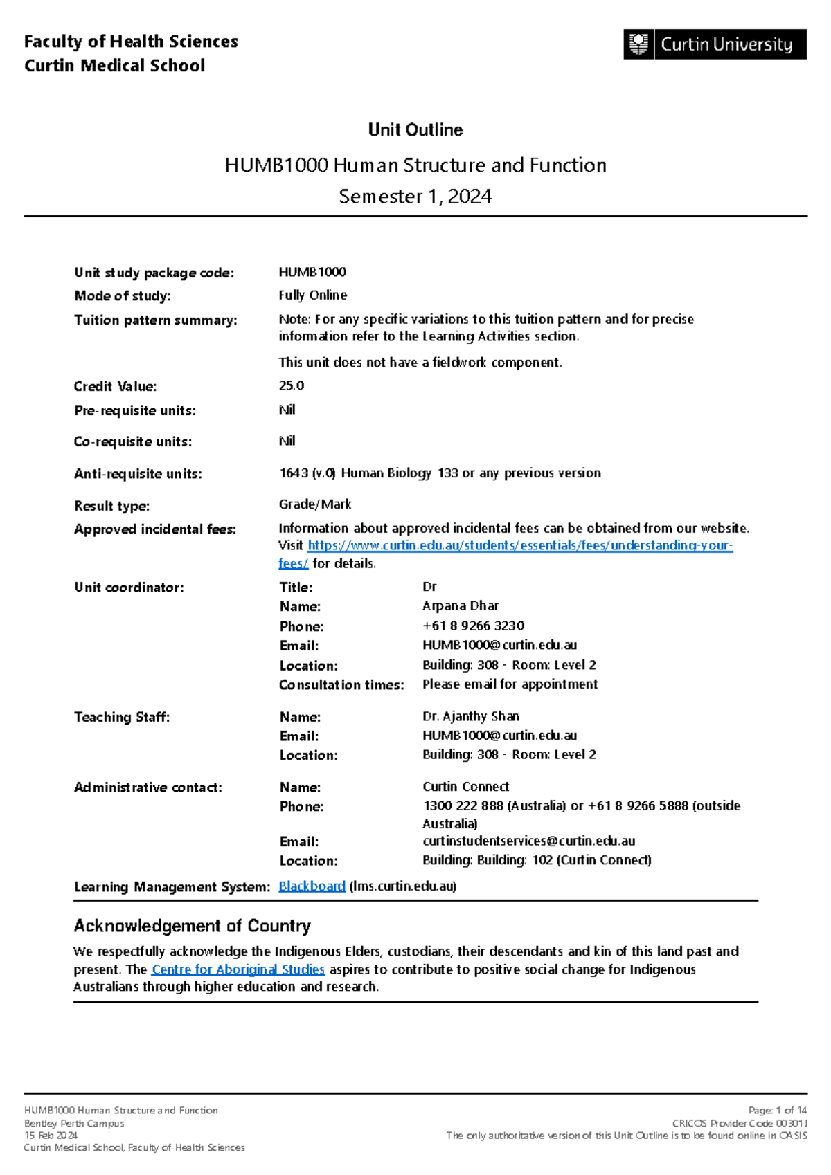 HUMB1000 Unit Outline: Human Structure and Function S1 2024 at Curtin ...