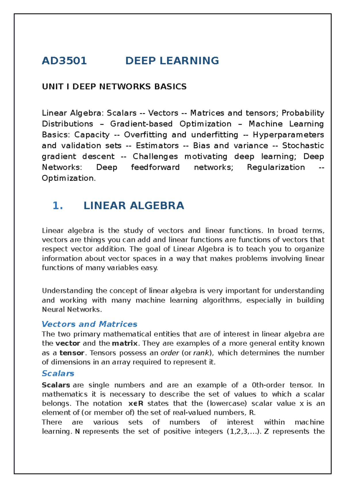 AD3501 Final Exam Notes: Deep Learning Unit 1 Overview - Studocu