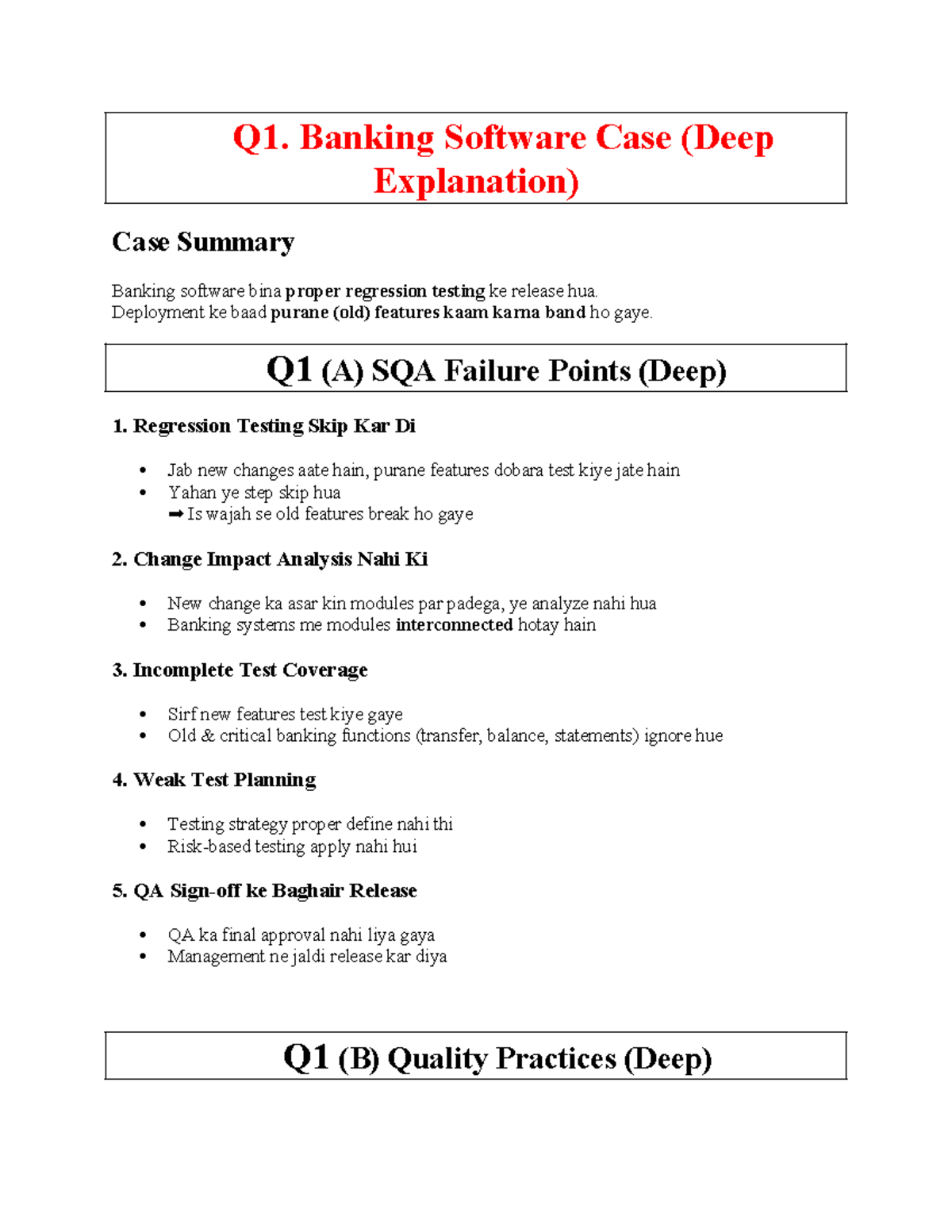 Q1. Banking Software Case Study (SQA Failures & Quality Practices) - Studocu
