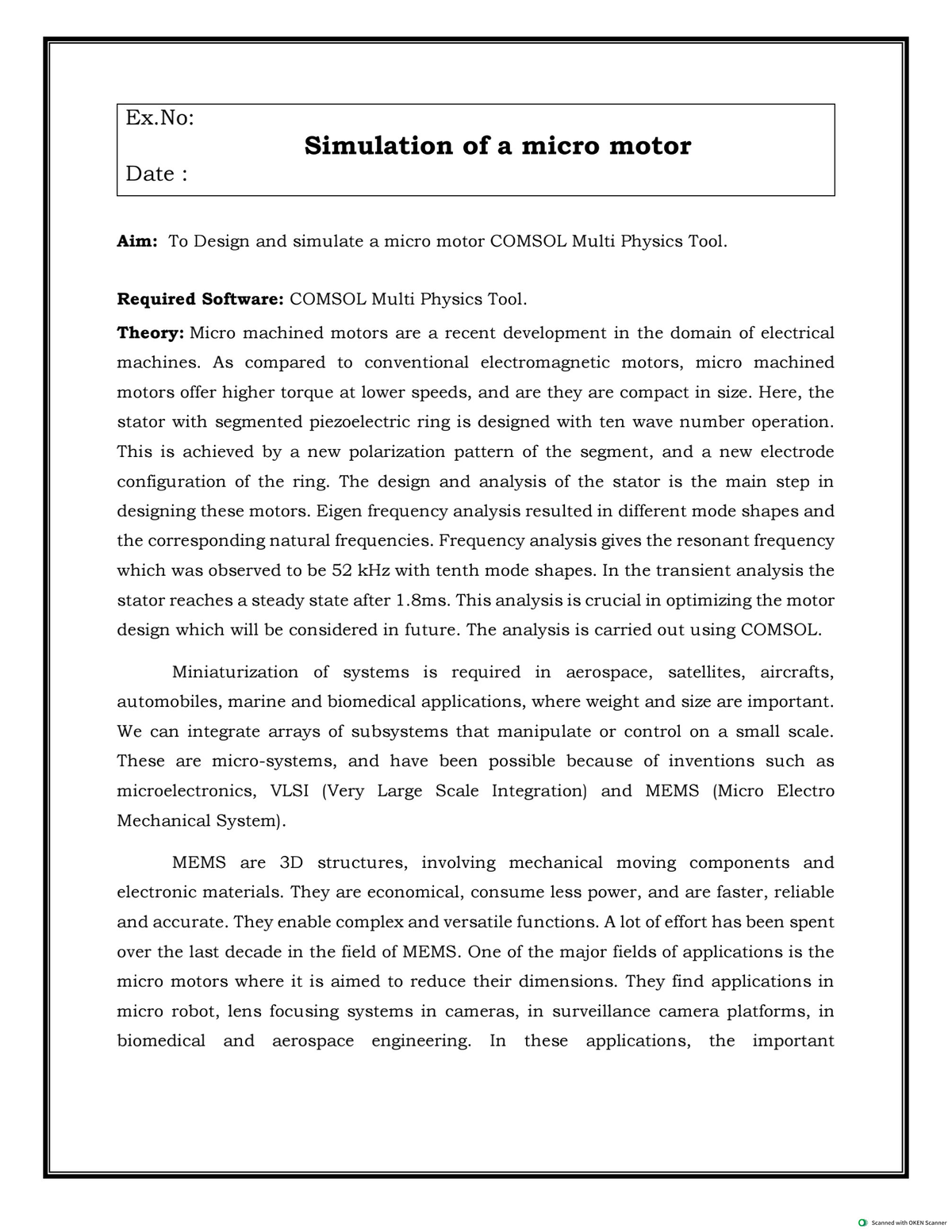 Ex.No: Design & Simulation of Piezoelectric Micro Motor Using COMSOL ...