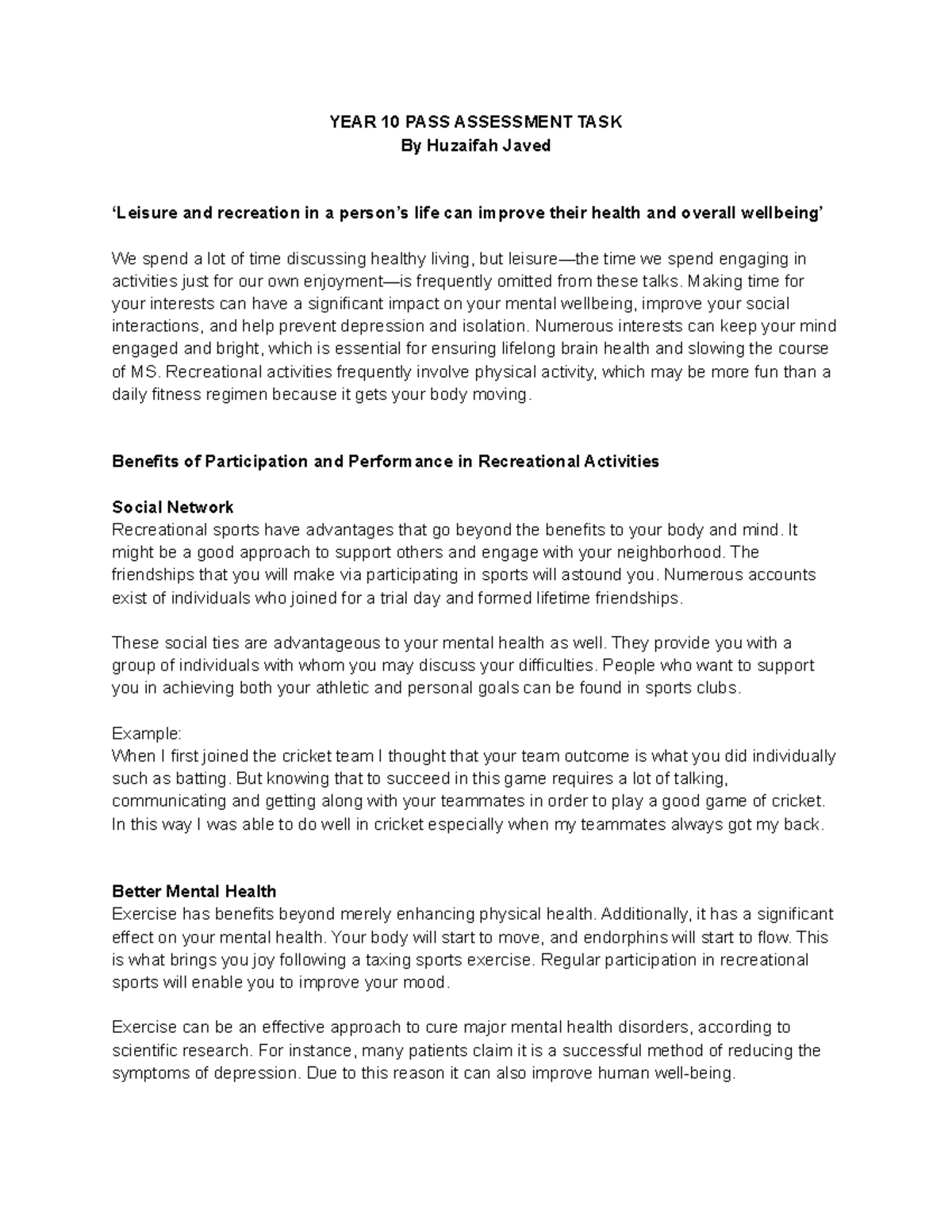 YEAR 10 PASS ASSESSMENT TASK: Benefits of Recreation on Health - Studocu