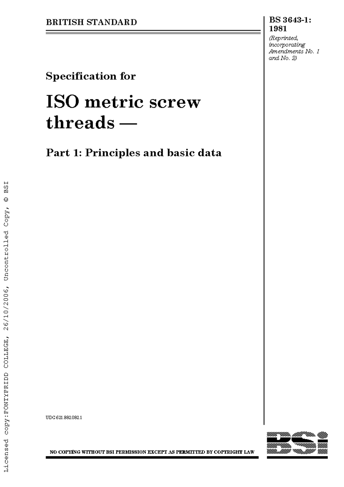 BS 3643-1:1981 Specification for ISO Metric Screw Threads - Studocu