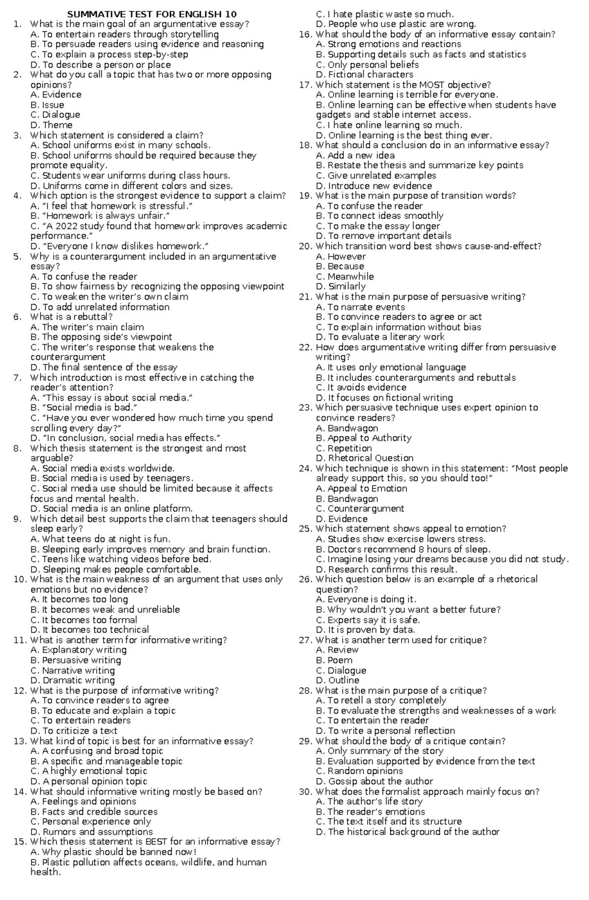 Summative Test for English 10: Argumentative Essay Concepts - Studocu