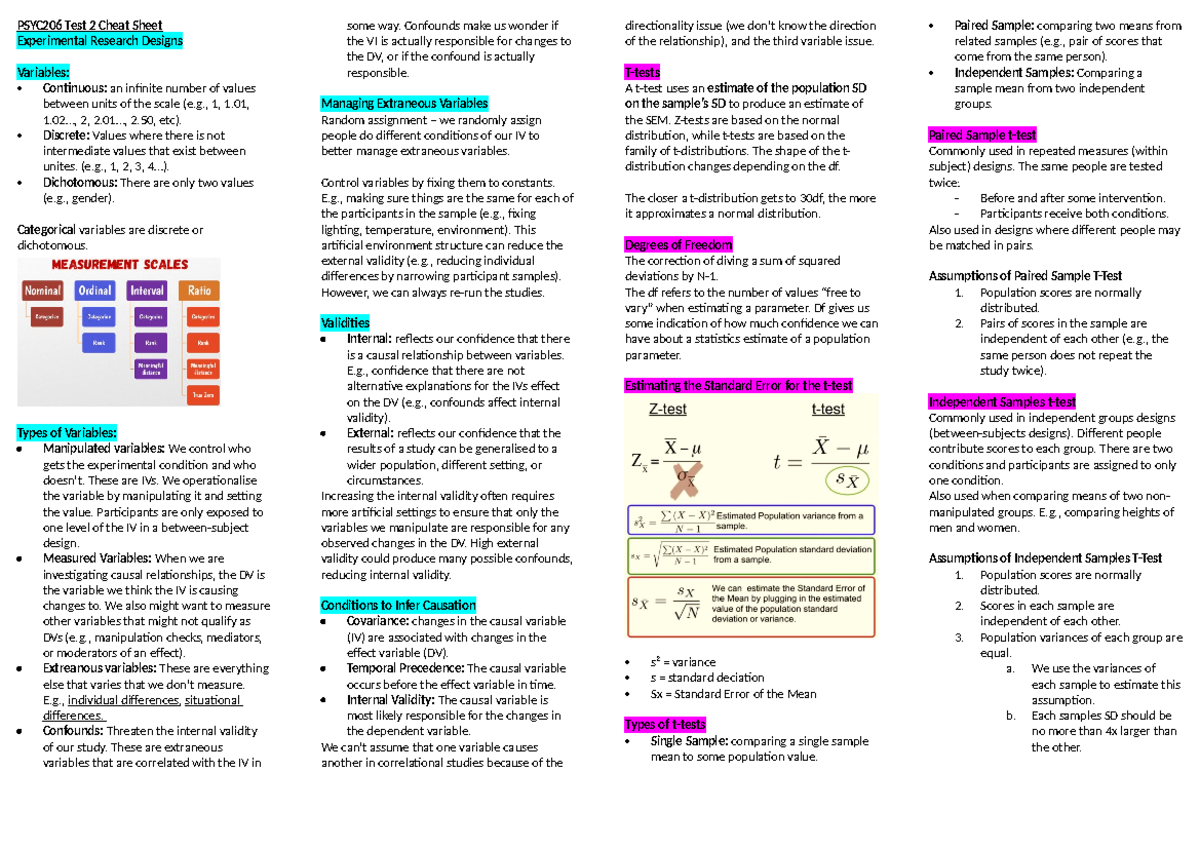PSYC206 Test 2 Study Notes on Experimental Designs & Ethics - Studocu