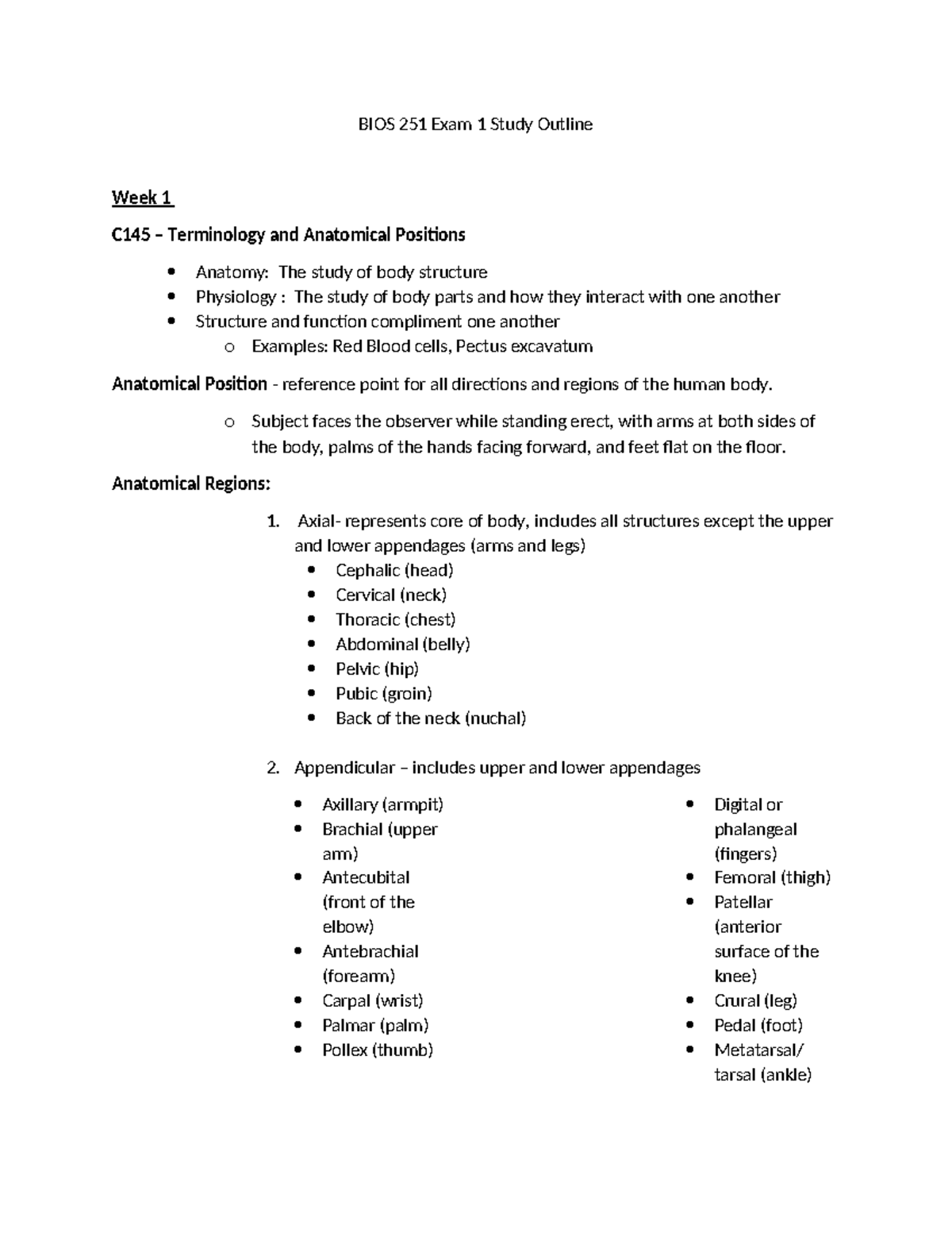 BIOS251 Weeks 1-2 Outline-Review - BIOS 251 Exam 1 Study Outline Week 1 ...