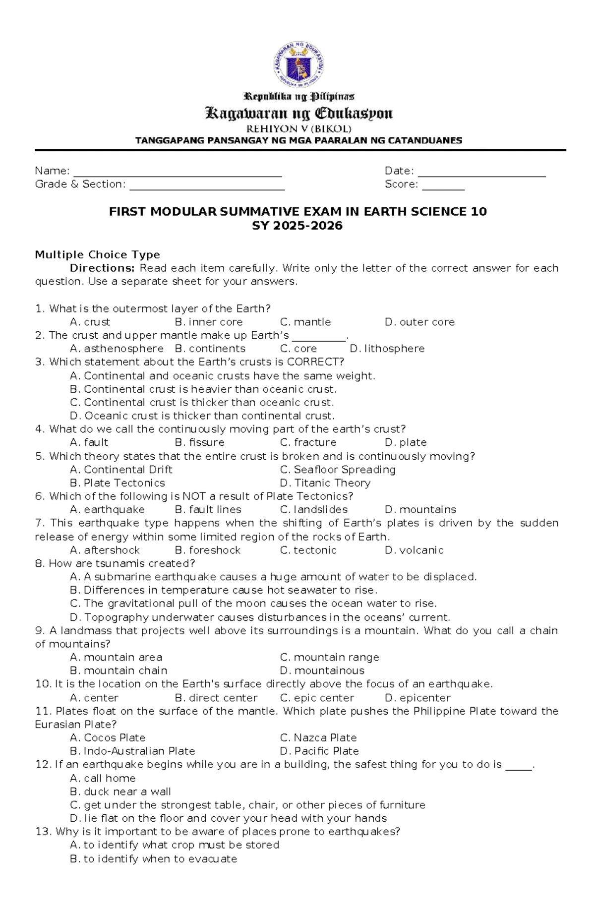 1st Modular Summative Exam in Earth Science 10 - Studocu