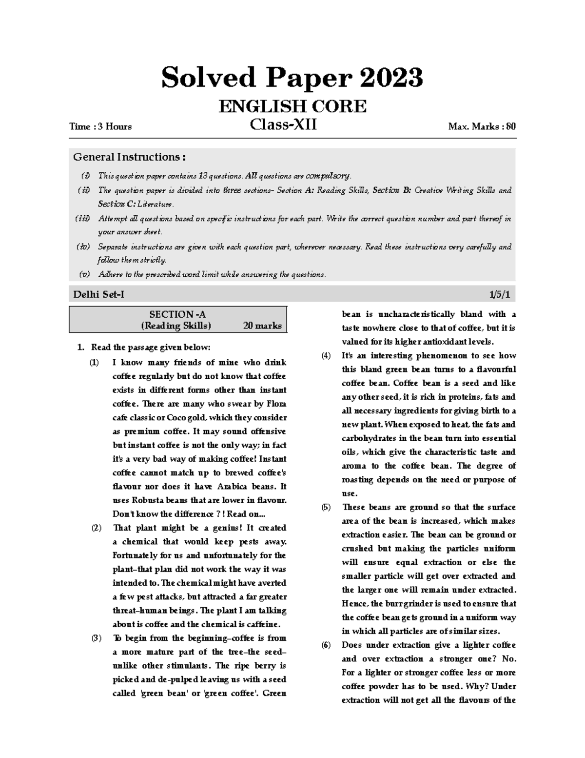 Solved Paper: English Core Class 12 - 2023 (Delhi Set-I) - Studocu