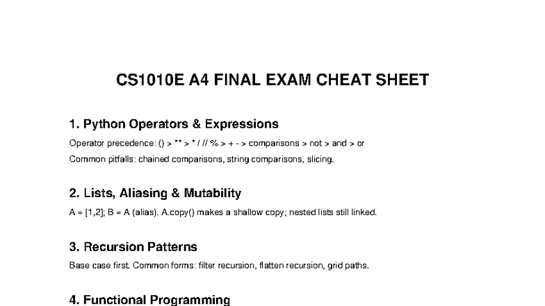 CS1010E A4 FINAL EXAM CHEAT SHEET: Key Python Concepts - Studocu