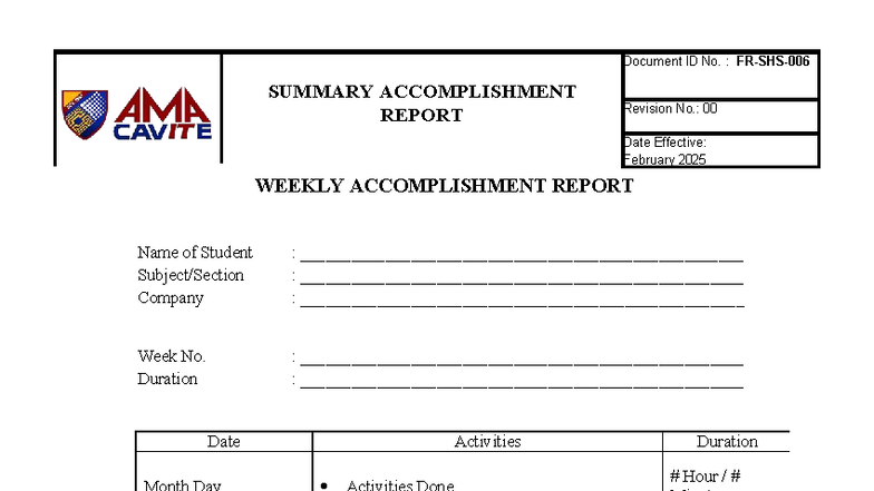 SHS-WEEKLY ACCOMPLISHMENT REPORT [14] - Project 8 Summary - Studocu