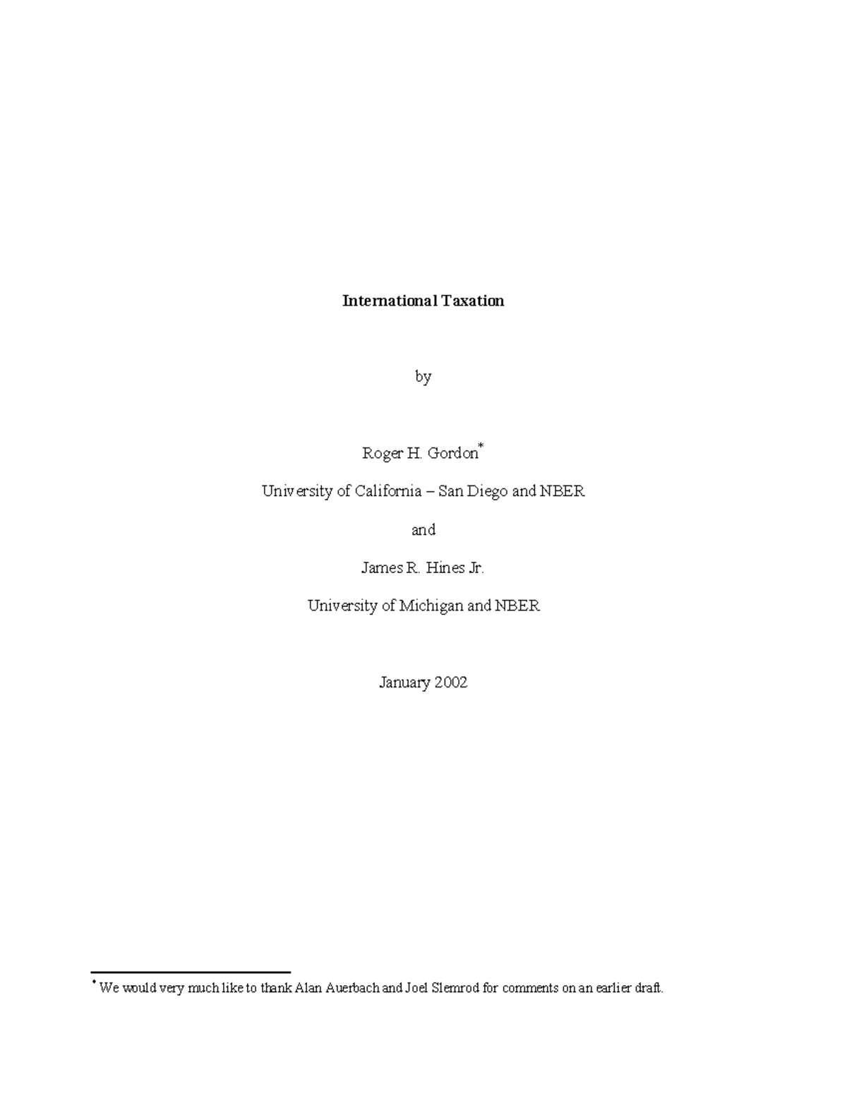 International Taxation: Insights from Gordon & Hines (2002) - Studocu