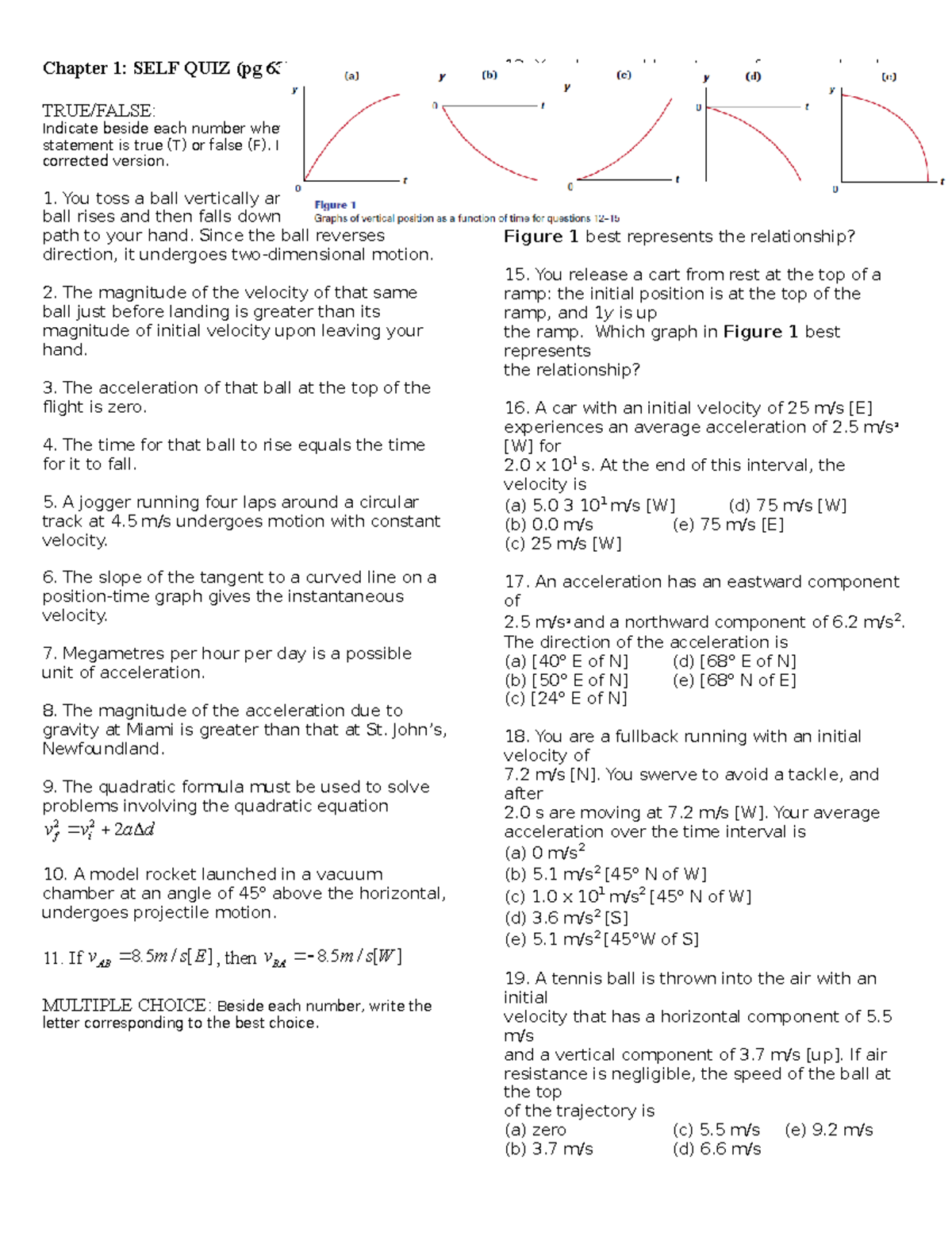 Unit test review - chapter 1 kinematics - Chapter 1: SELF QUIZ (pg 63 ...