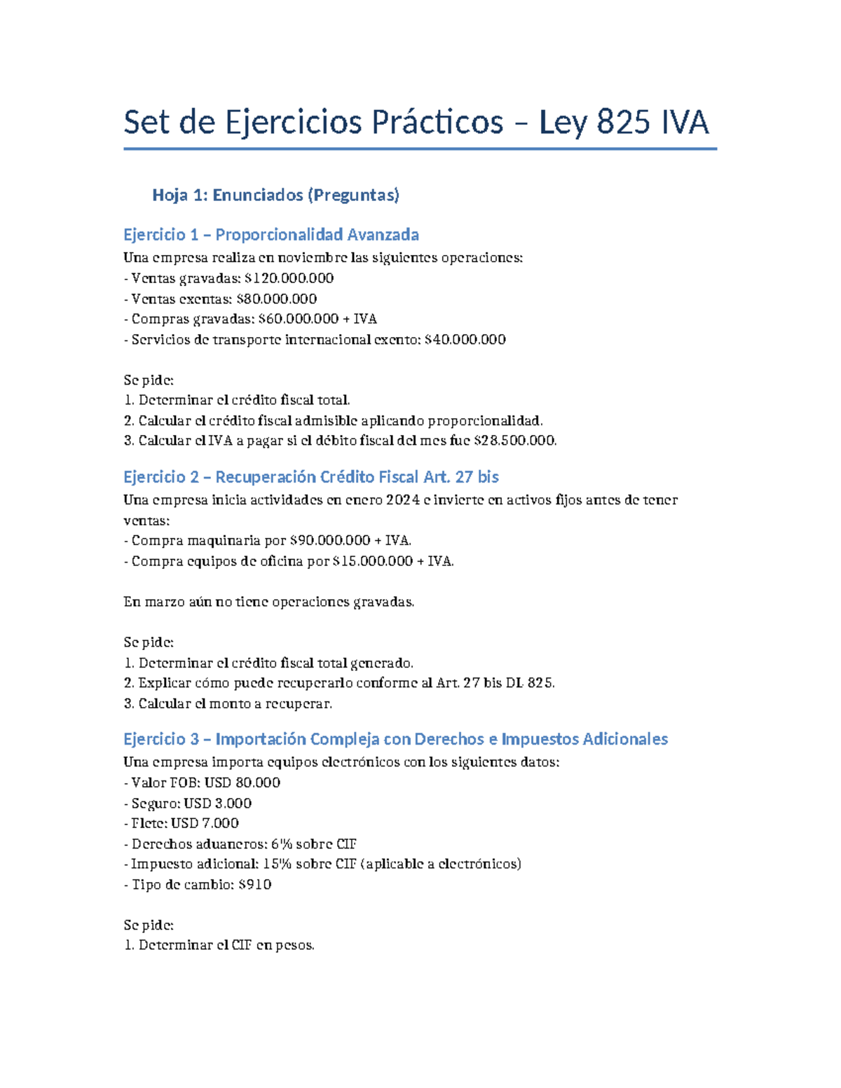 Ejercicios Prácticos Ley 825 IVA - Hoja 1 y 2 - Studocu