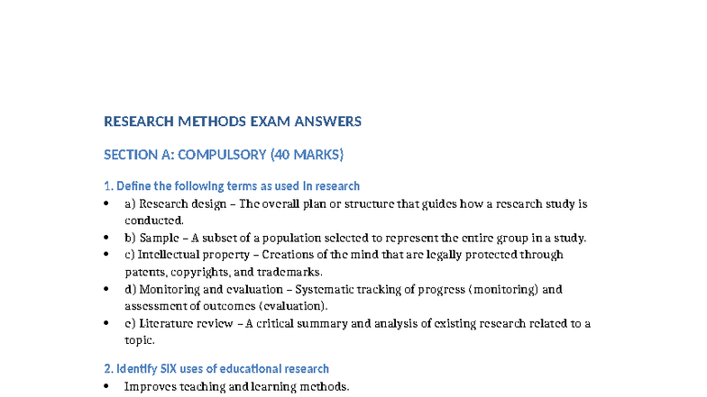 RESEARCH METHODS EXAM ANSWERS (COMPULSORY SECTION A & B) - Studocu
