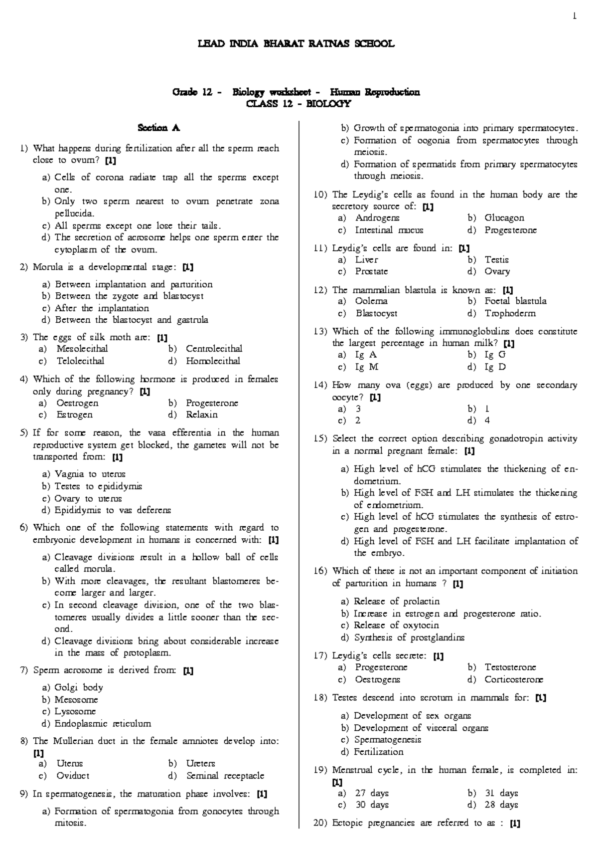 Gr 12 BIOLOGY - Human Reproduction Worksheet - Studocu