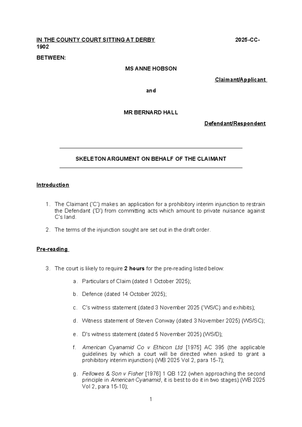 Skeleton Argument for Claimant: MS ANNE HOBSON v MR BERNARD HALL (W10 ...